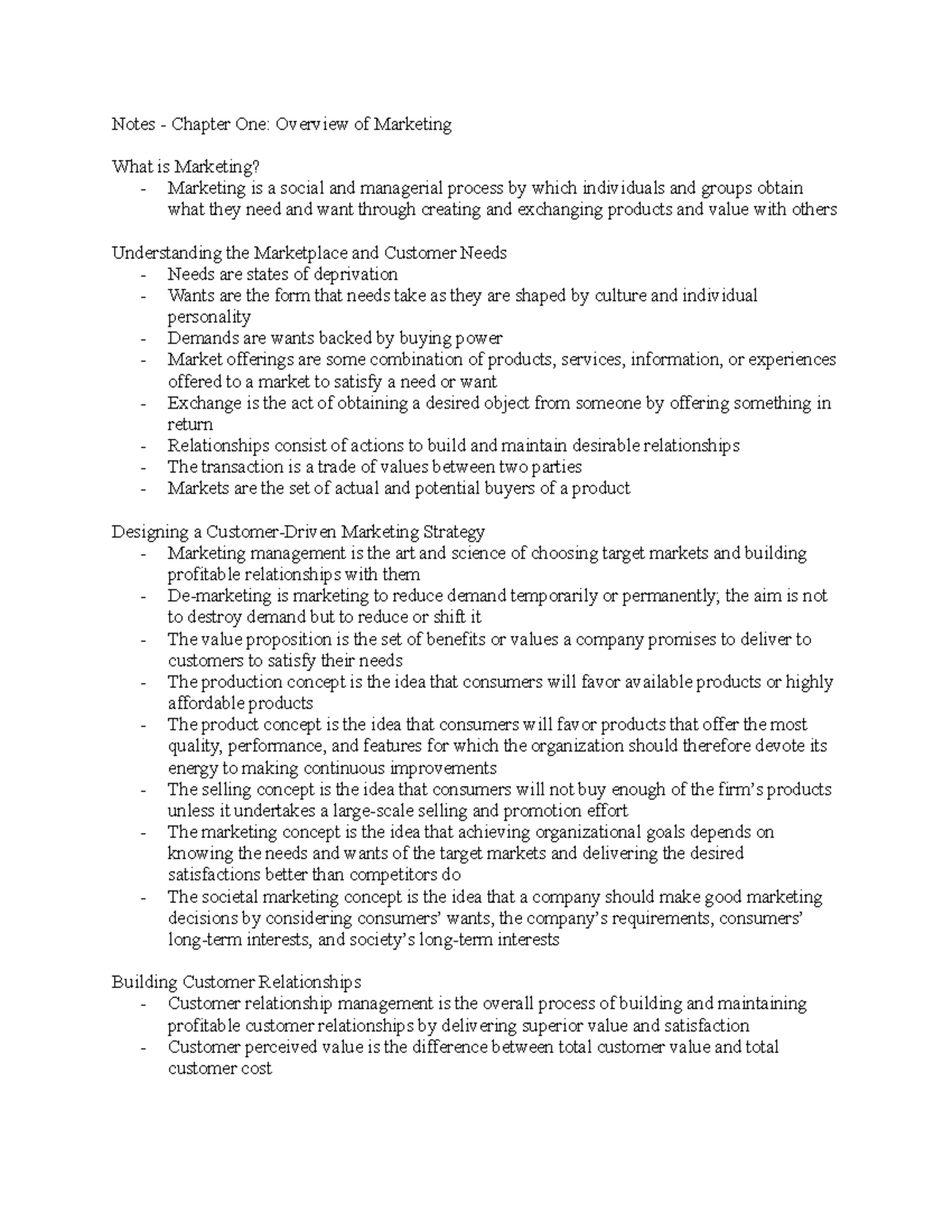 Marketing Introduction Chapter 1 - Notes - Chapter One: Overview of ...