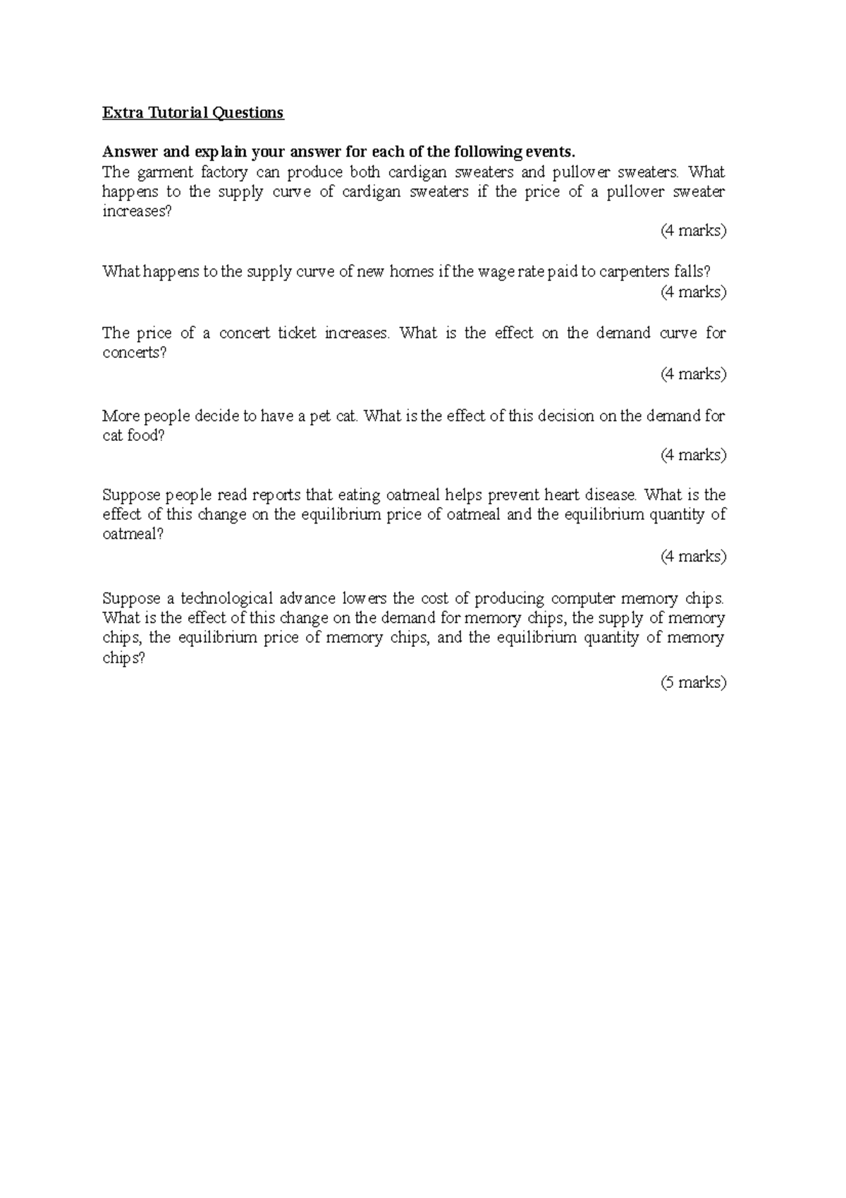 Extra Tutorial Questions demandsupply micro - Extra Tutorial Questions ...