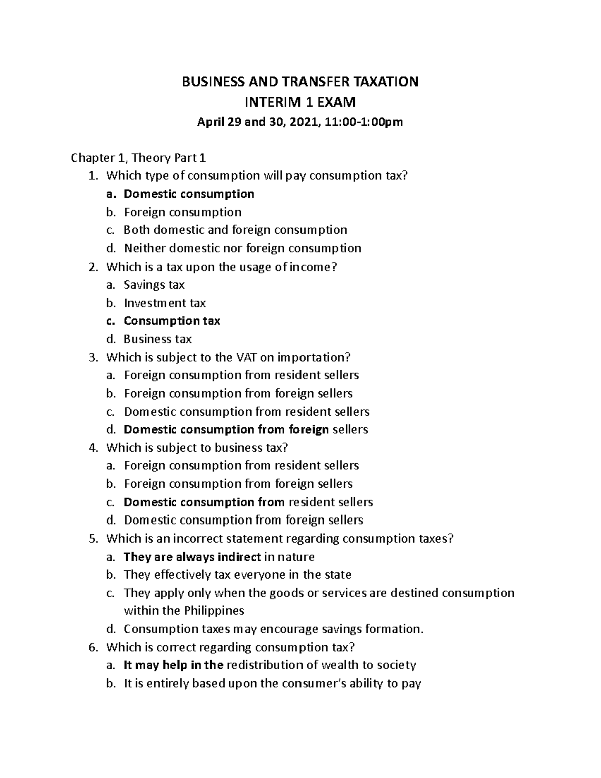 Interim exam 1 Bus Tax - accounting - BUSINESS AND TRANSFER TAXATION ...