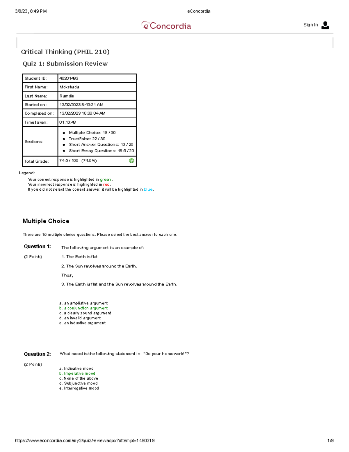 QUIZ 1 with corrections - 74 / 100 (74%) Critical Thinking (PHIL 210 ...