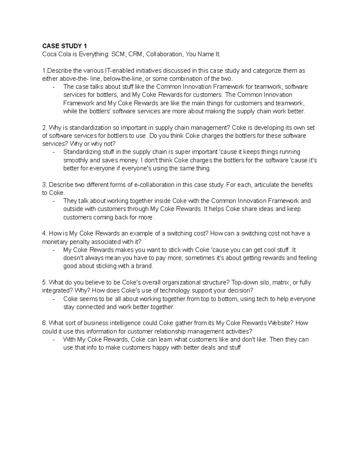 Case study 12 1 - hwhAh - CASE STUDY 1 Coca Cola is Everything: SCM, CRM, Collaboration, You ...