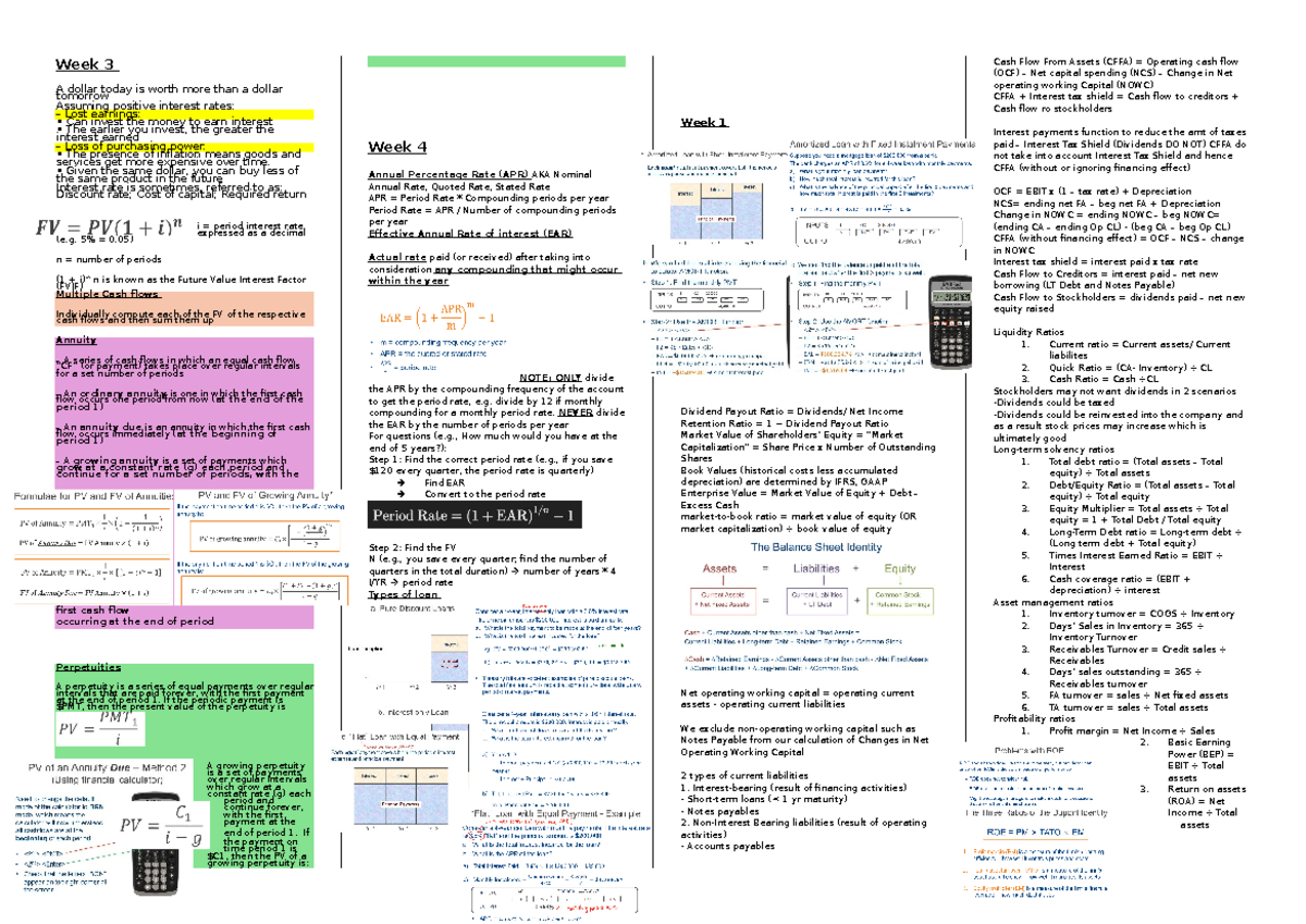 FIN mid term cheat sheet - Week 3 A dollar today is worth more than a ...