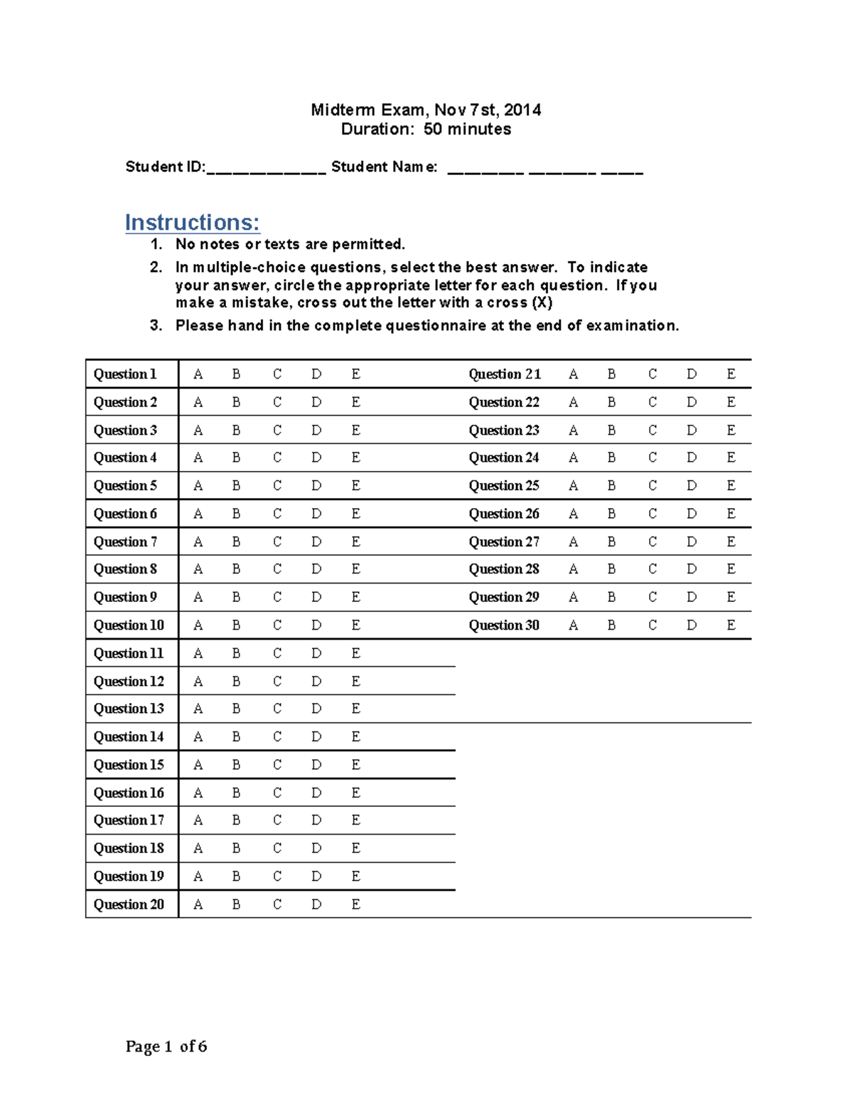 Midterm 1 - Midterm Exam, Nov 7st, 2014 Duration: 50 minutes Student ID ...