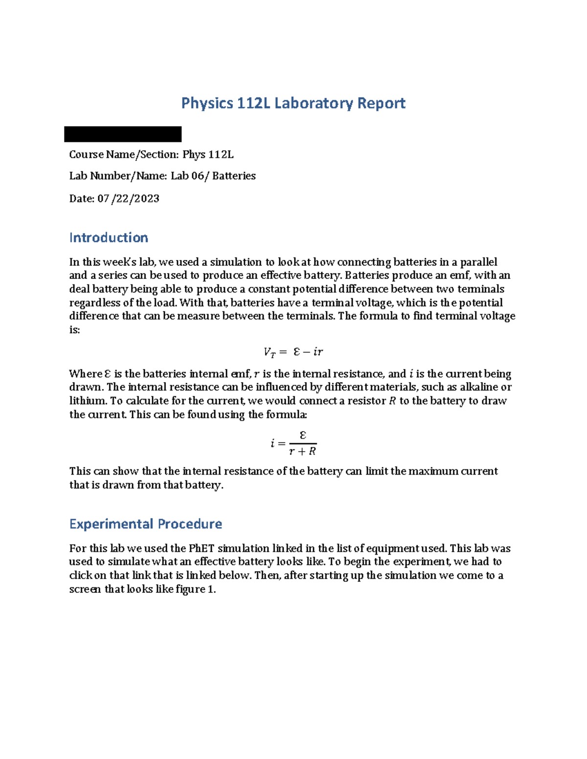Lab 06 - lab report 6 - Physics 112L Laboratory Report Name: Kinsey ...