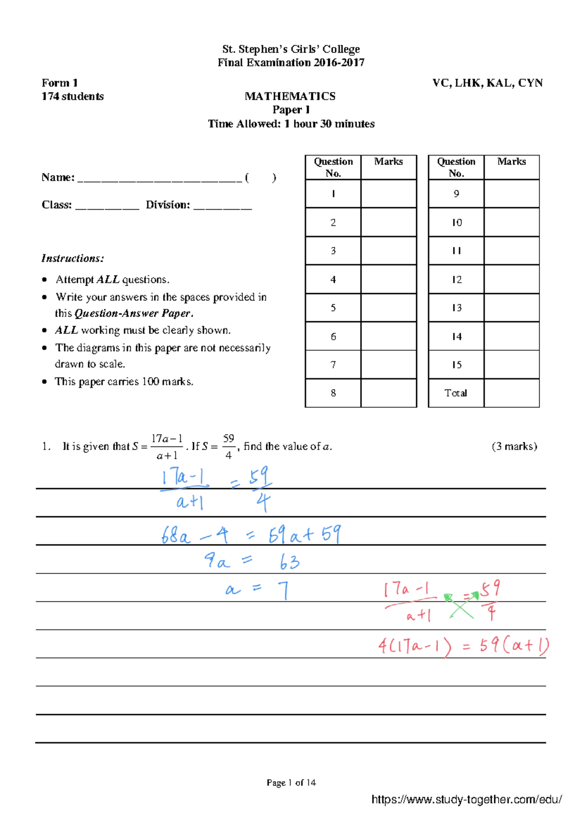 F - Maths - Page 1 of 14 Question No. Marks Question No. Marks 1 9 2 10 ...