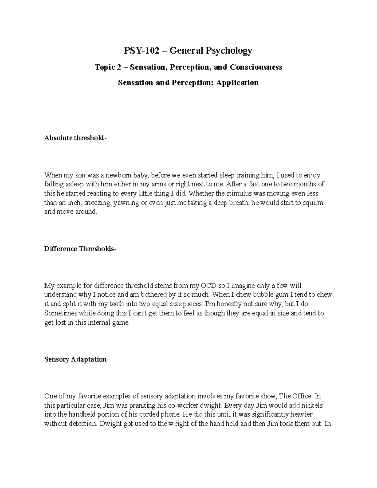 Document 5 - Week 2 project - PSY-102 – General Psychology Topic 2 ...