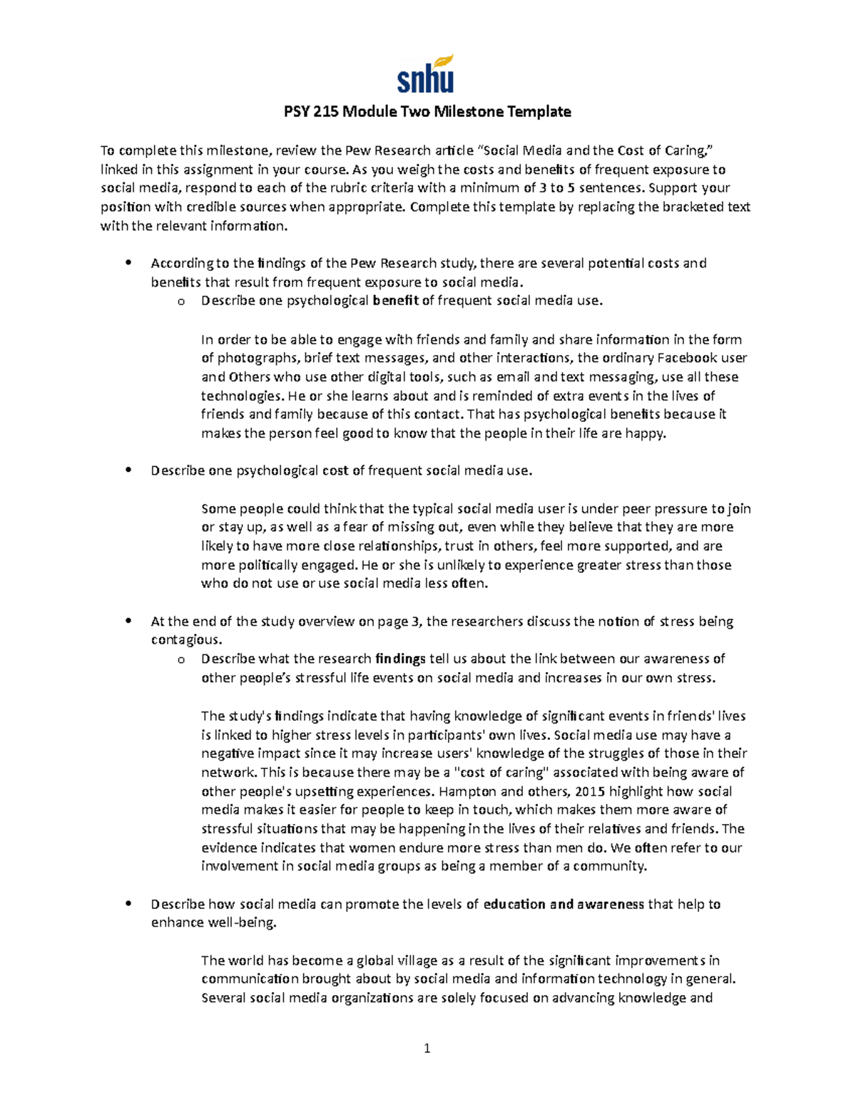 PSY 215 Module Two Milestone Template - As you weigh the costs and ...