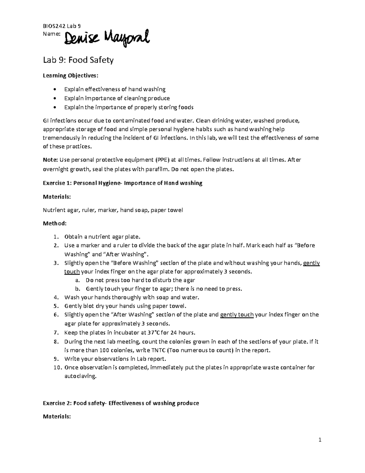 Lab 9 Food Safety - Name: Lab 9: Food Safety Learning Objectives: x ...