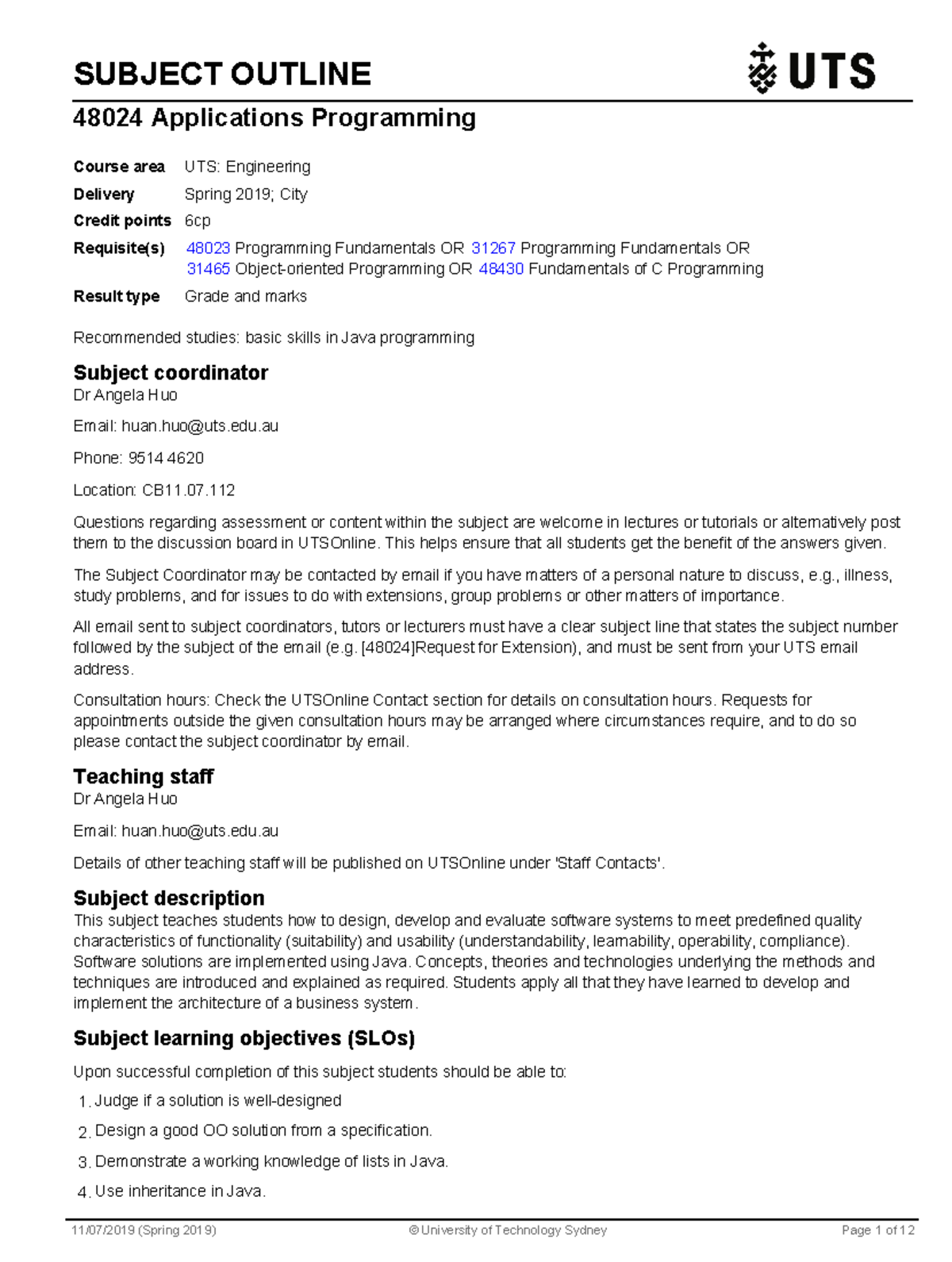 Outline - SUBJECT OUTLINE 48024 Applications Programming Recommended ...