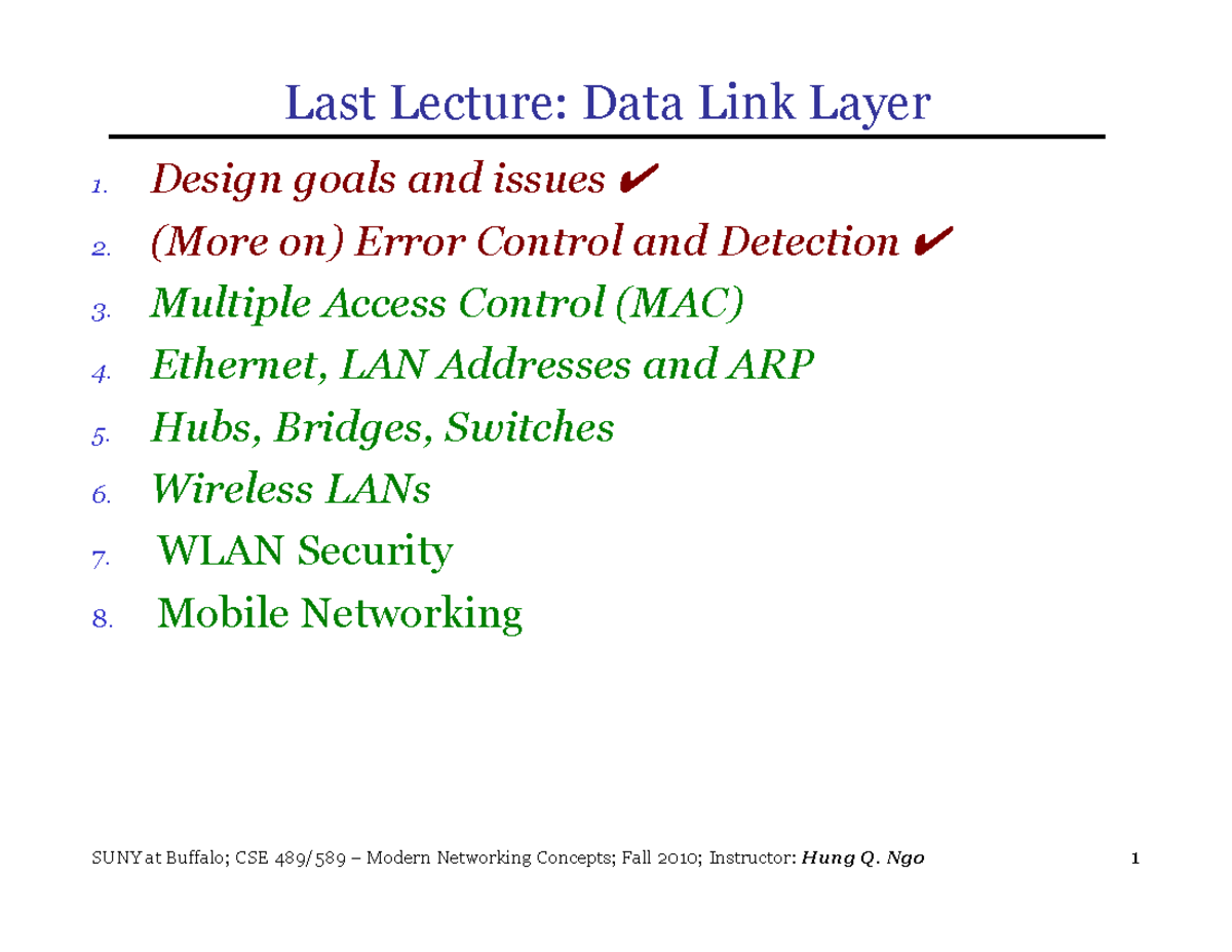 Lecture slides, lecture 20 - Mac intro - Last Lecture: Data Link Layer ...