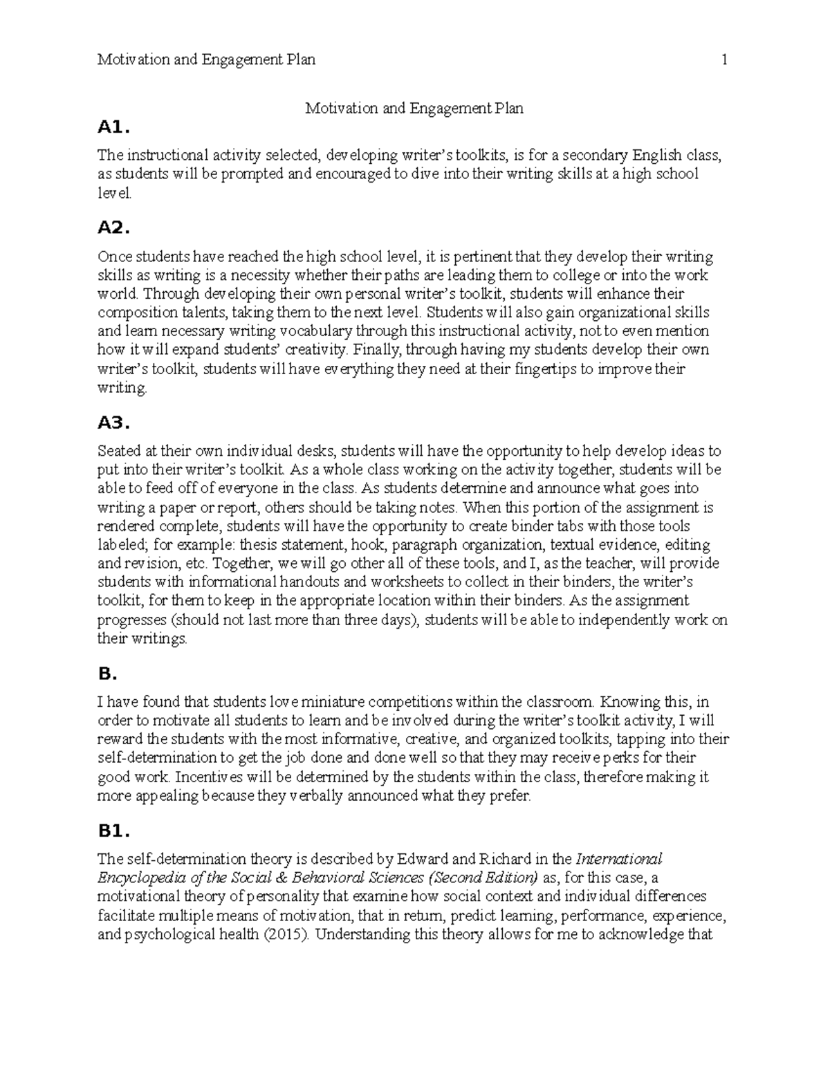 D170 Task4 Motivation and Engagement Plan - Motivation and Engagement ...