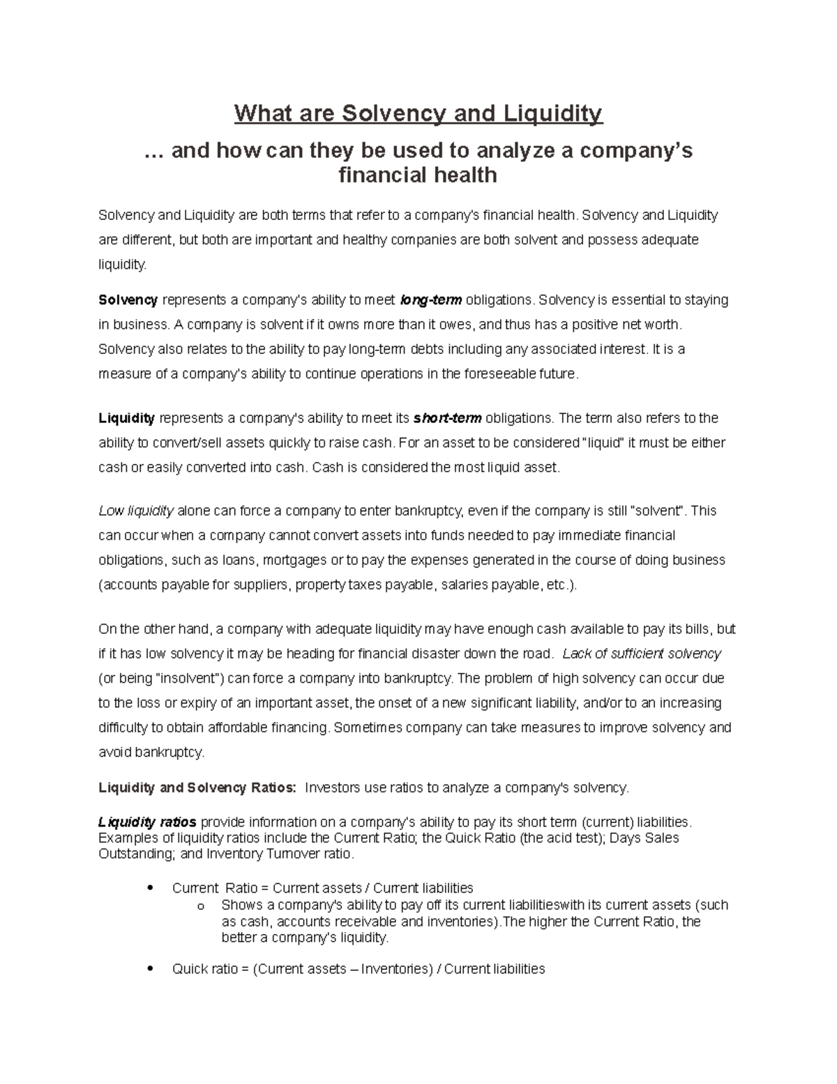 Financial Analysis Example - Liquidity and Solvency - FIN 2500 - George ...