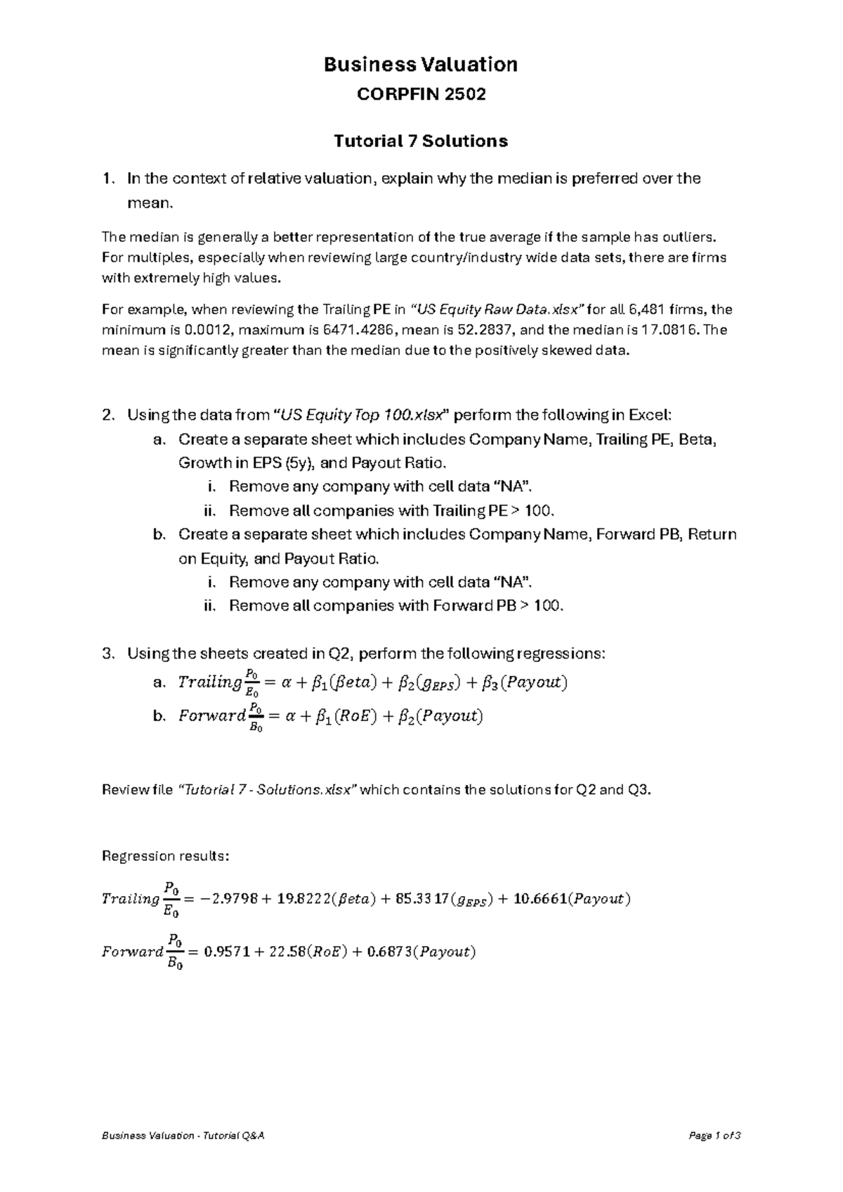 Tutorial 7 - Solutions - Business Valuation CORPFIN 2502 Business Valuation - Tutorial Q&A Page ...