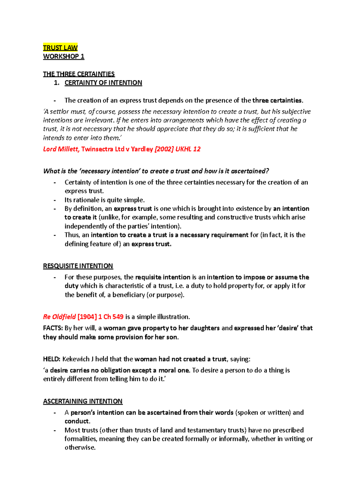 Certainty OF Intention - TRUST LAW WORKSHOP 1 THE THREE CERTAINTIES 1. CERTAINTY OF INTENTION ...