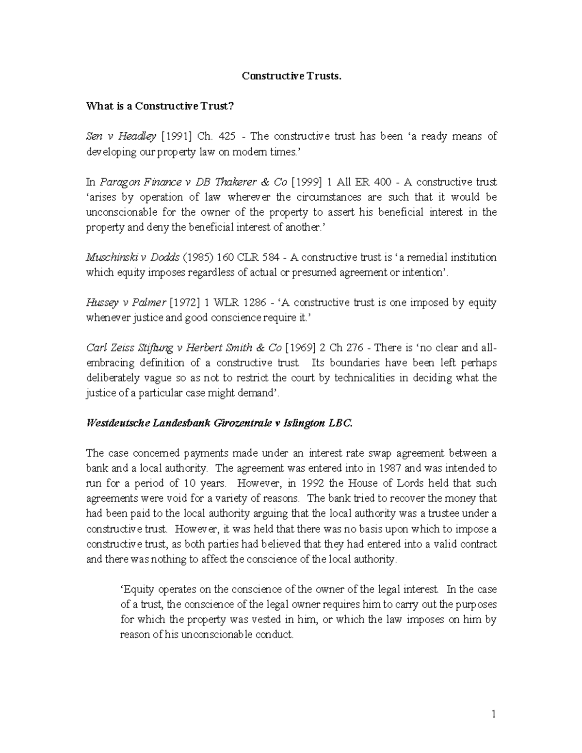 Handout - Constructive Trusts - Constructive Trusts. What is a Constructive Trust? Sen v Headley ...