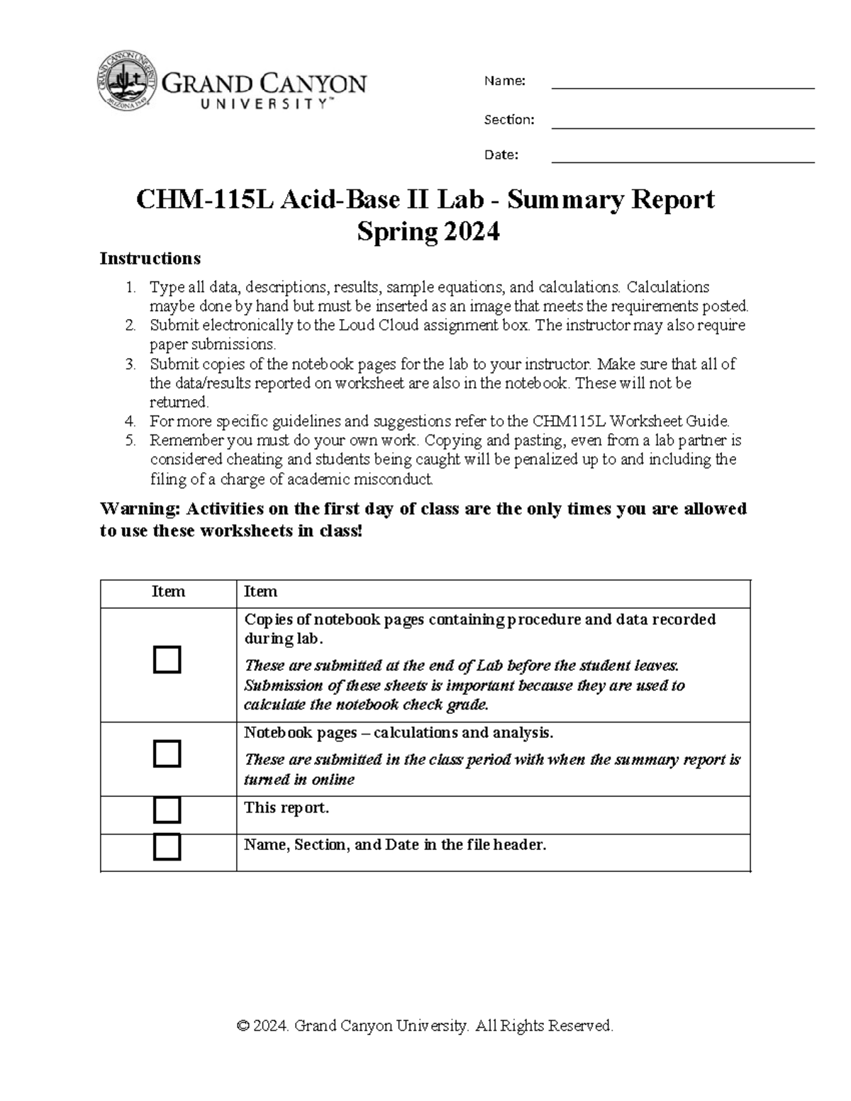 CHM 115L RS Exp7 Acids Bases II Sp24 - Section: Date: CHM-115L Acid ...
