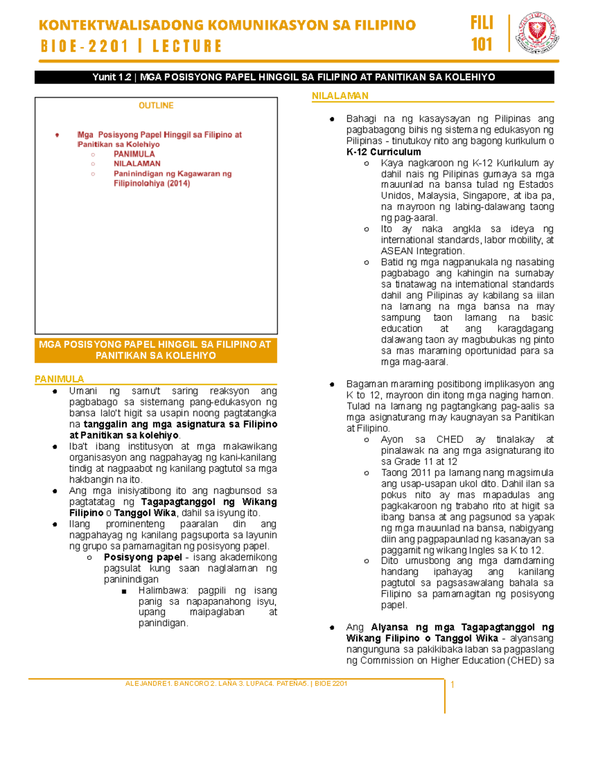 Yunit 1.2 MGA Posisyong Papel Hinggil SA Filipino AT Panitikan SA ...