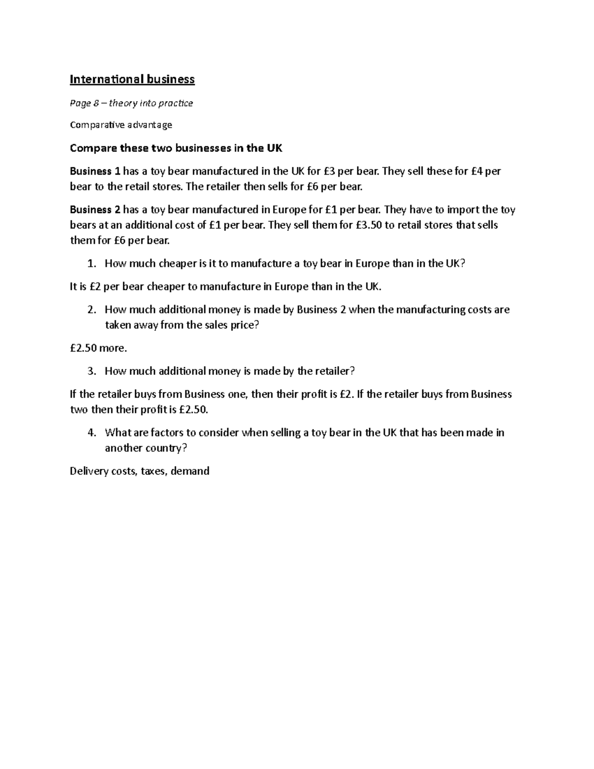 Comparative advantage exercise page 8 - International business Page 8 ...