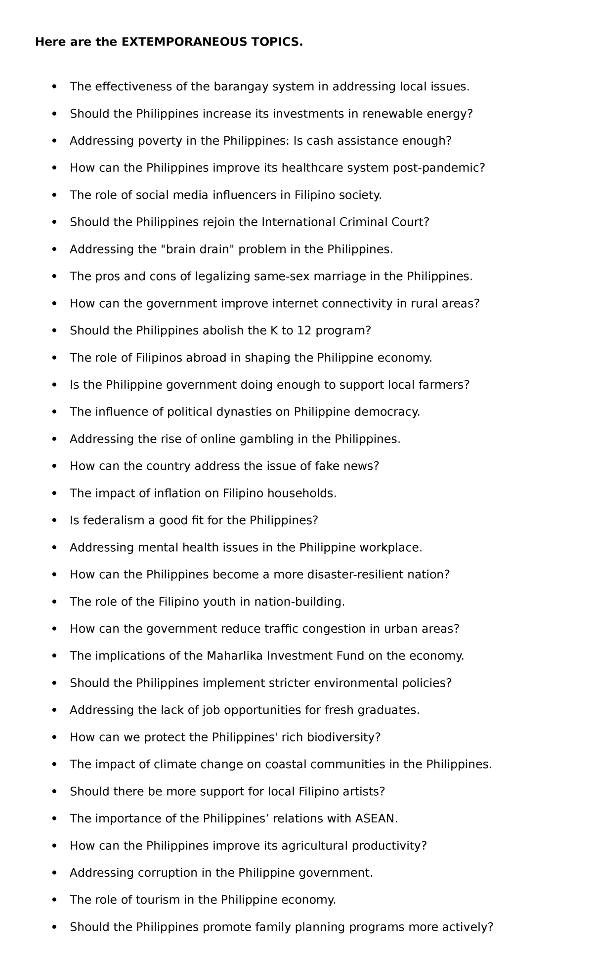 Extemporaneous Topics - Here are the EXTEMPORANEOUS TOPICS. The ...