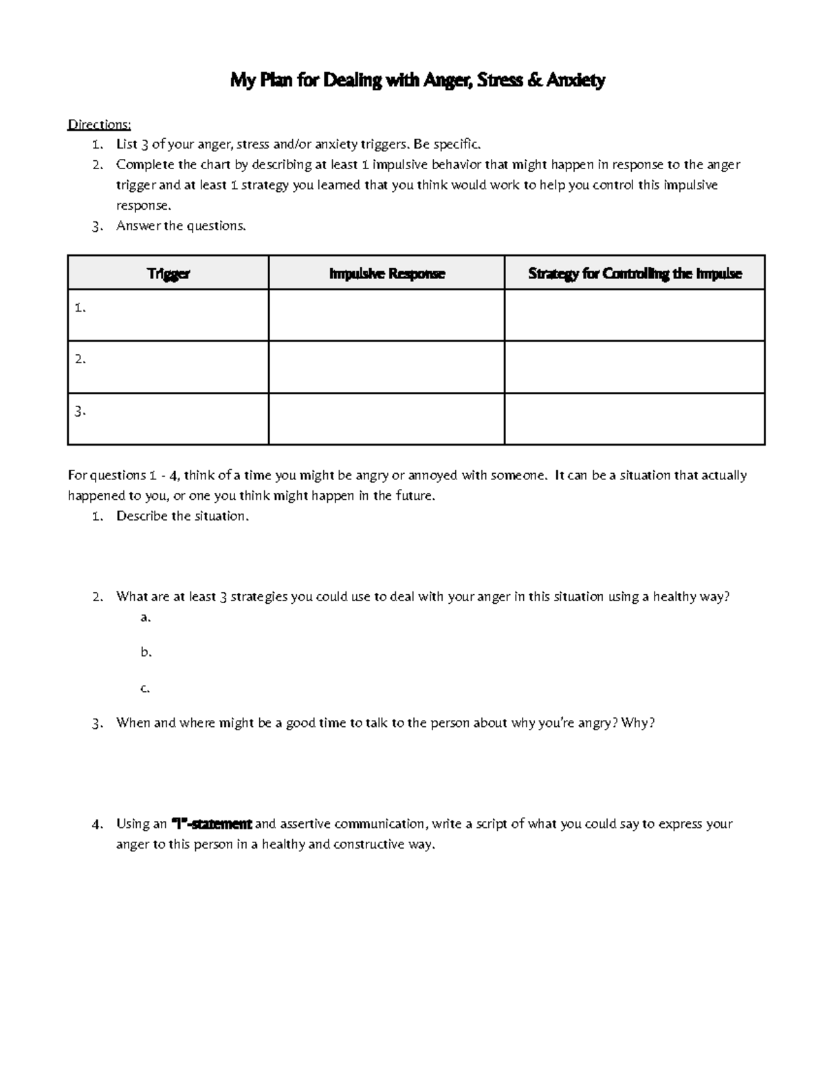 Copy of My Plan for Dealing with Anger, Stress & Anxiety - My Plan for ...