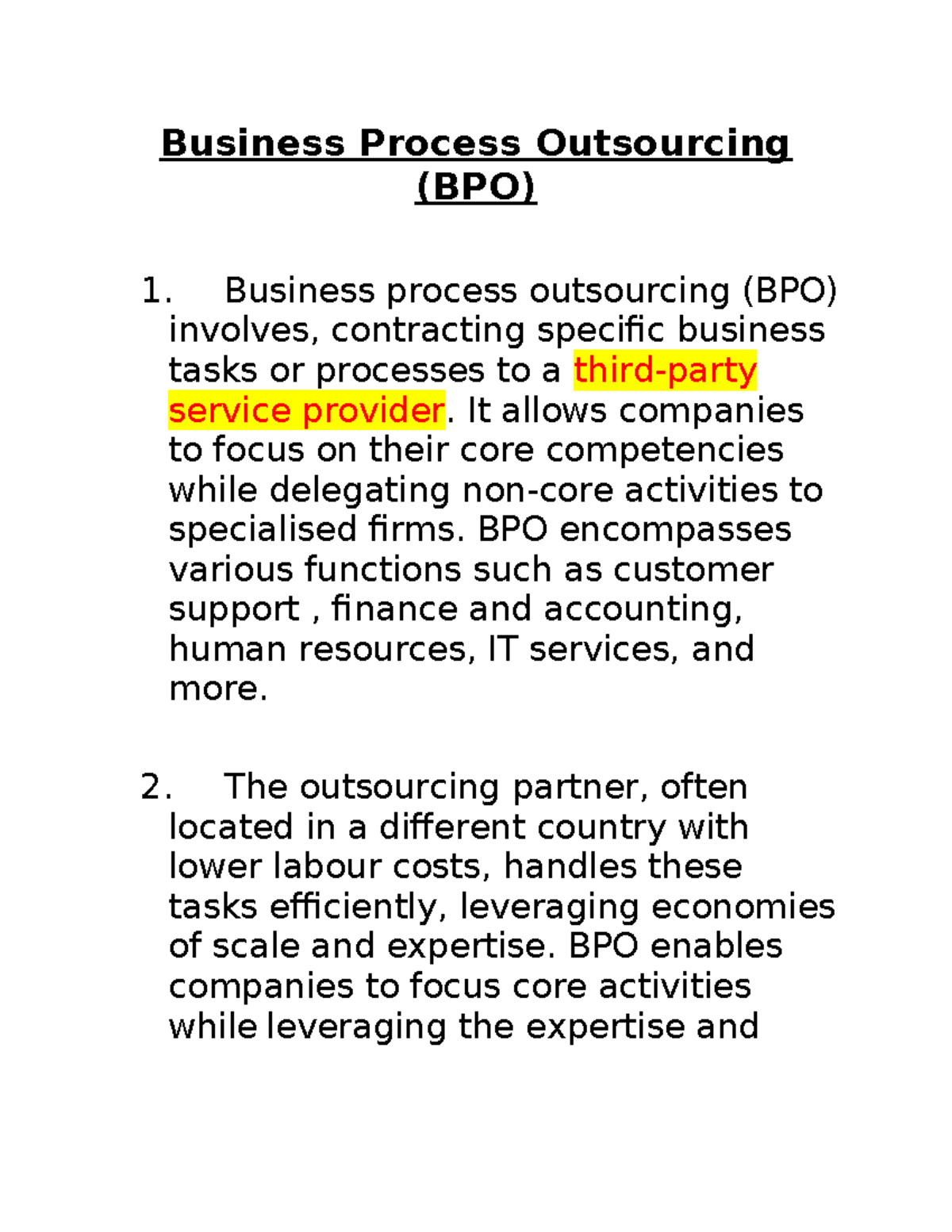 Business process outsourcing - Business Process Outsourcing (BPO) 1 ...