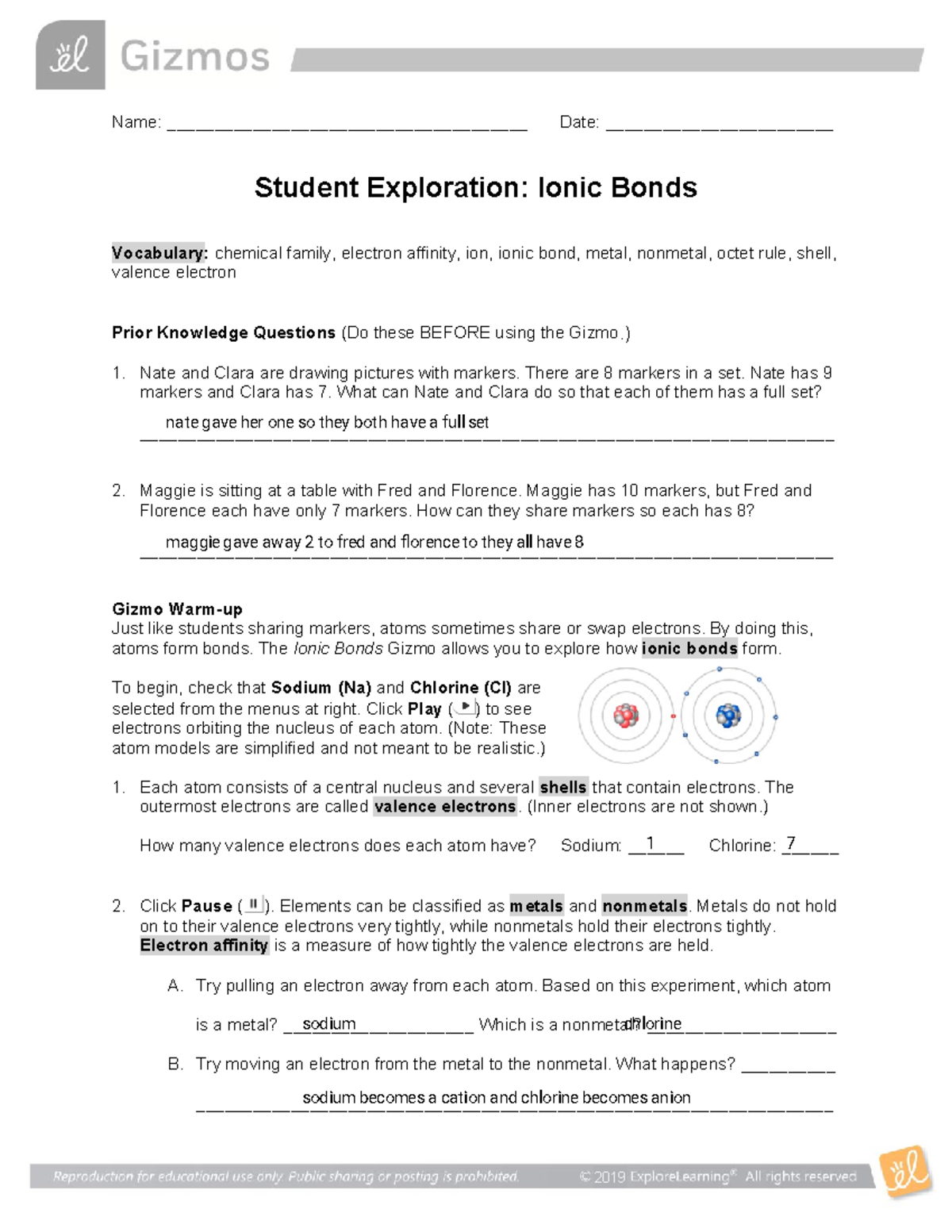 Ionic Bonds SE - gizmo - 2019 Name: ______________________________________ Date: - Studocu
