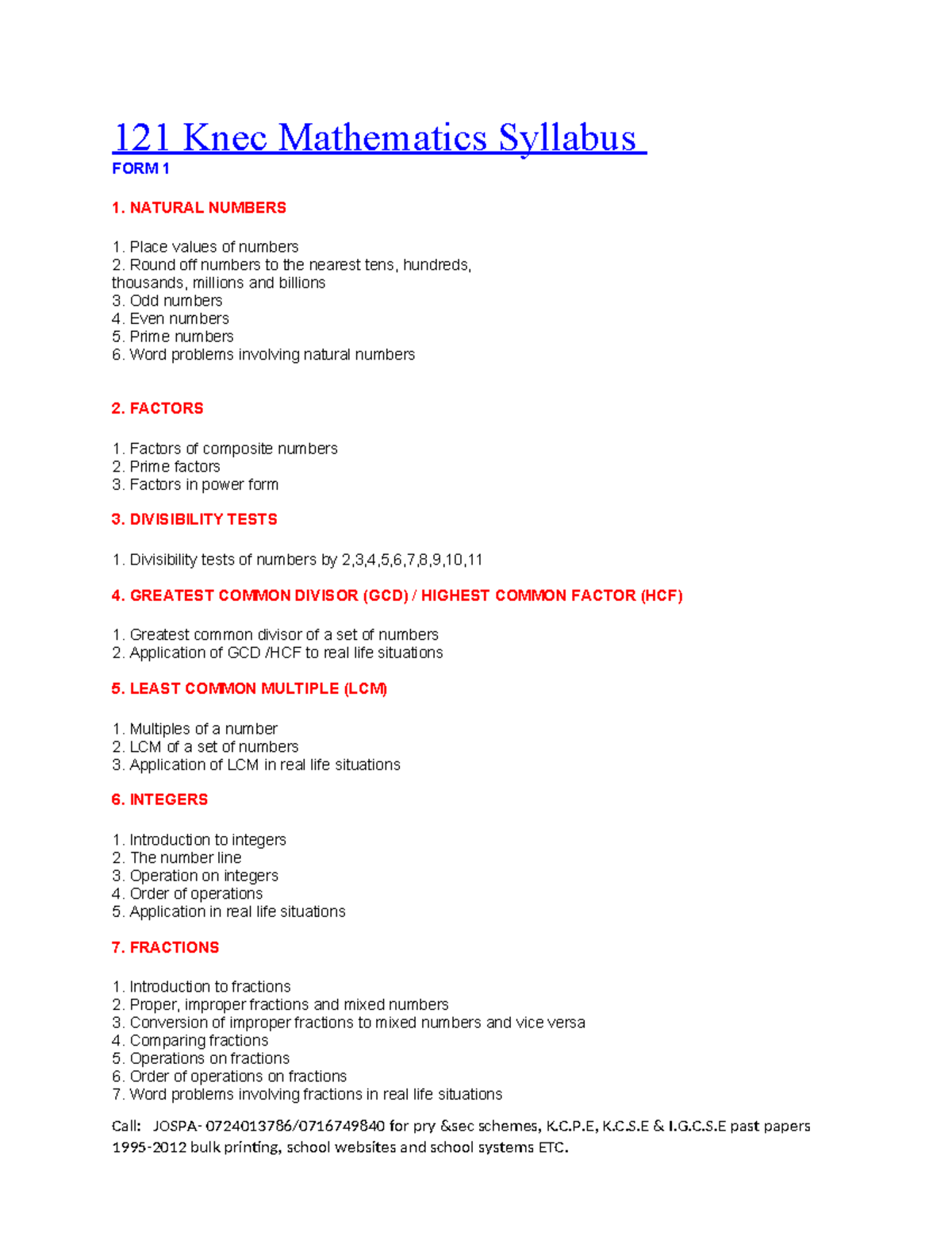 121 Knec Mathematics Syllabus - 121 Knec Mathematics Syllabus FORM 1 1 ...