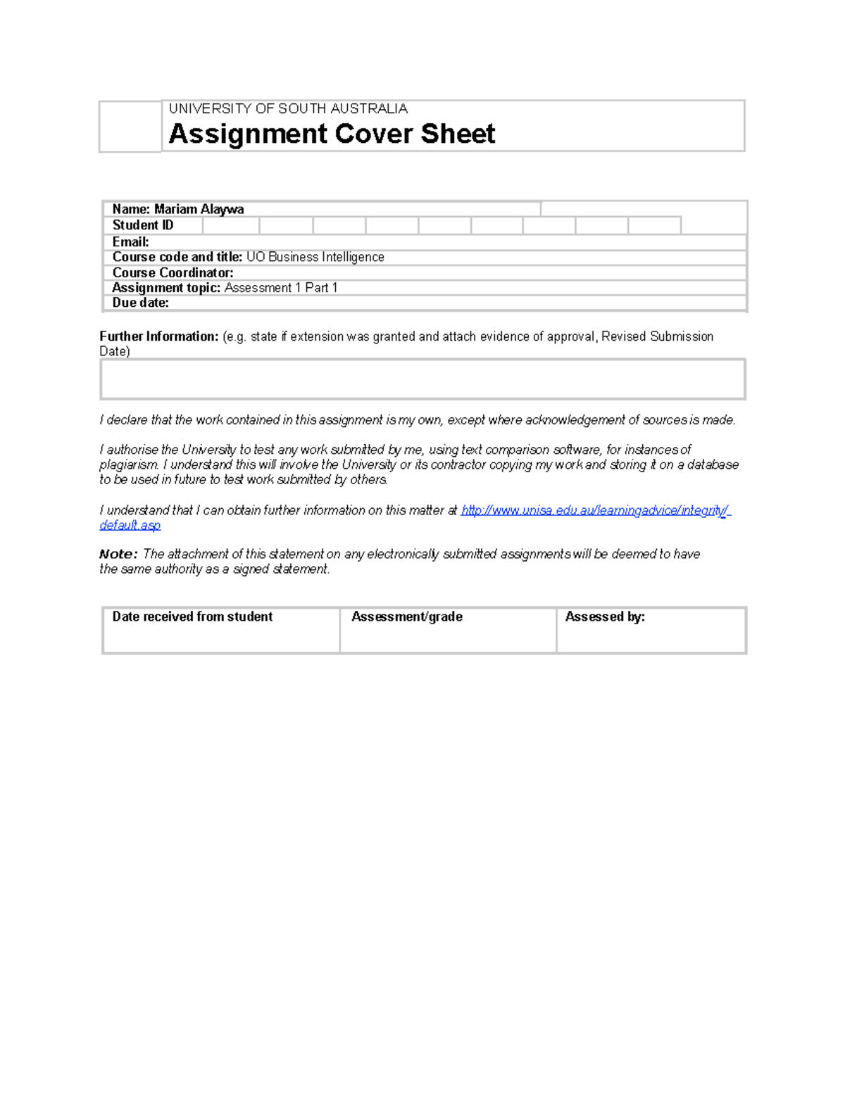 Uni SA Cover Sheet - ####### Name: Mariam Alaywa ####### Student ID ...