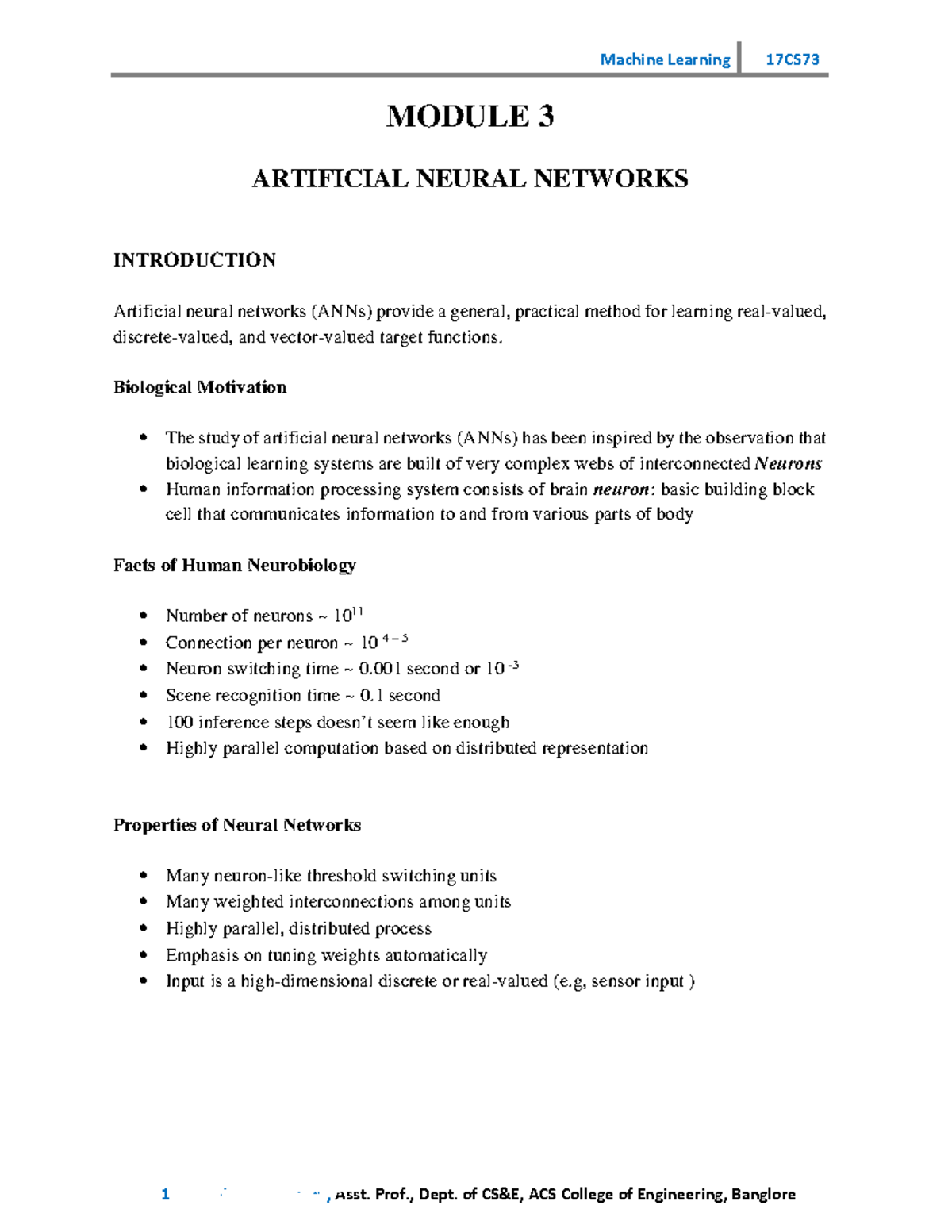 Ml module 3 notes -ANN - 1 Dr Metan, Asst. Prof., Dept. of CS&E, ACS ...