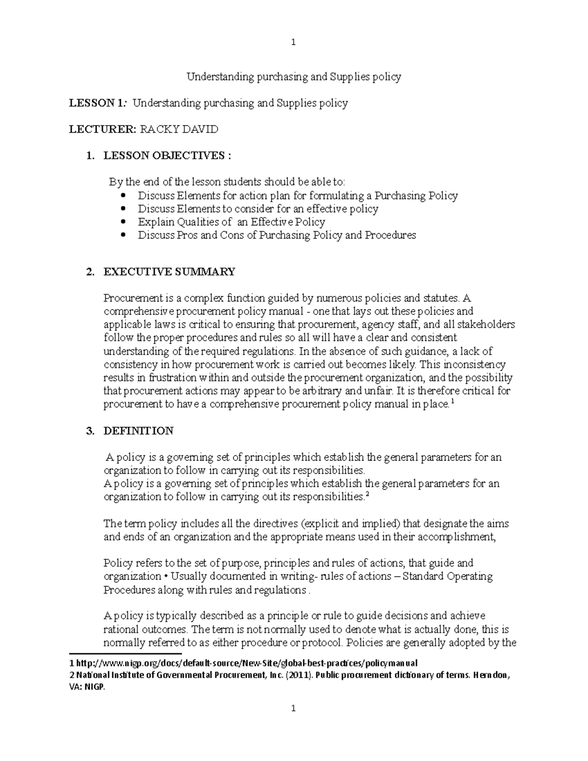 Understanding purchasing and supplies policy - LESSON OBJECTIVES : By ...