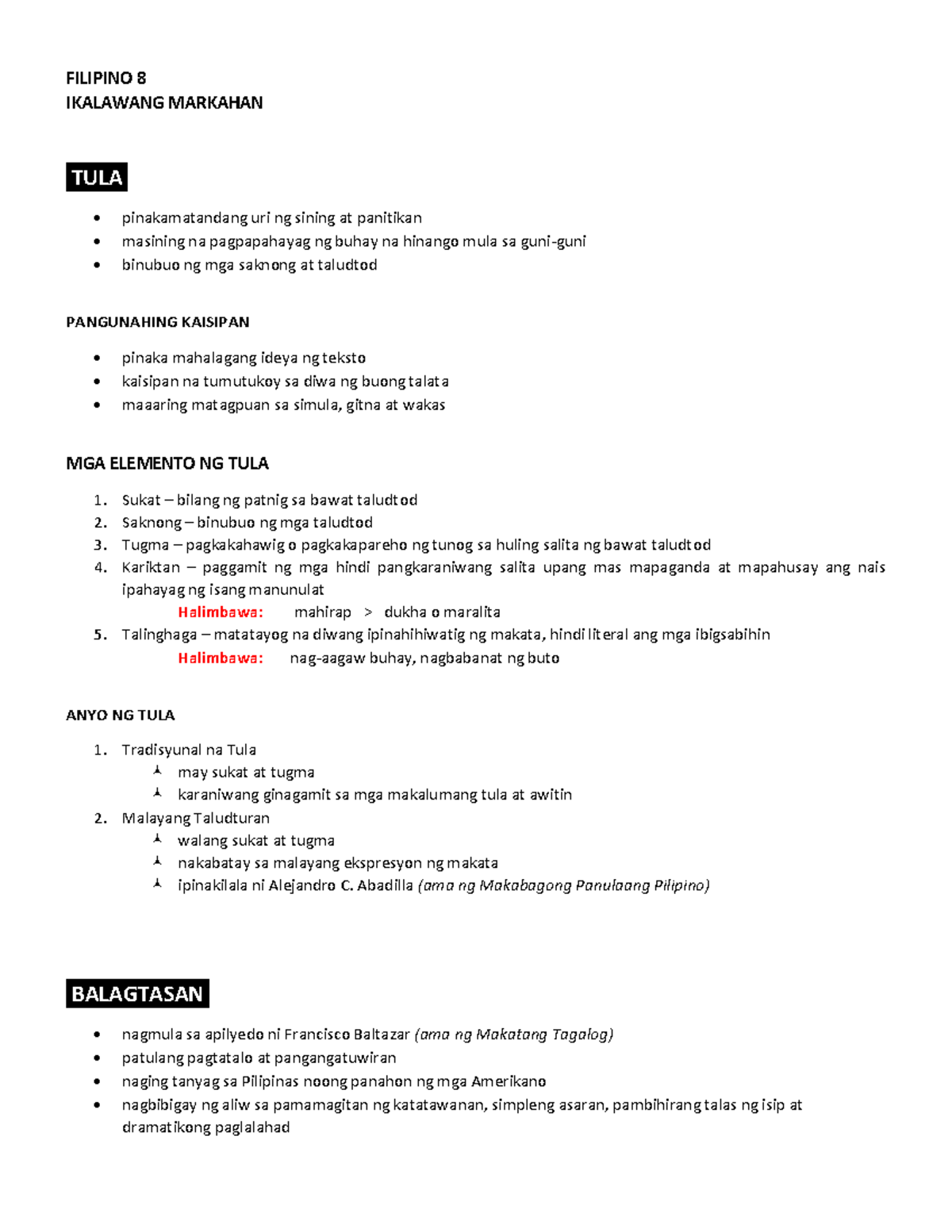 F8 Quarter 2 Handout - helpful - FILIPINO 8 IKALAWANG MARKAHAN TULA ...