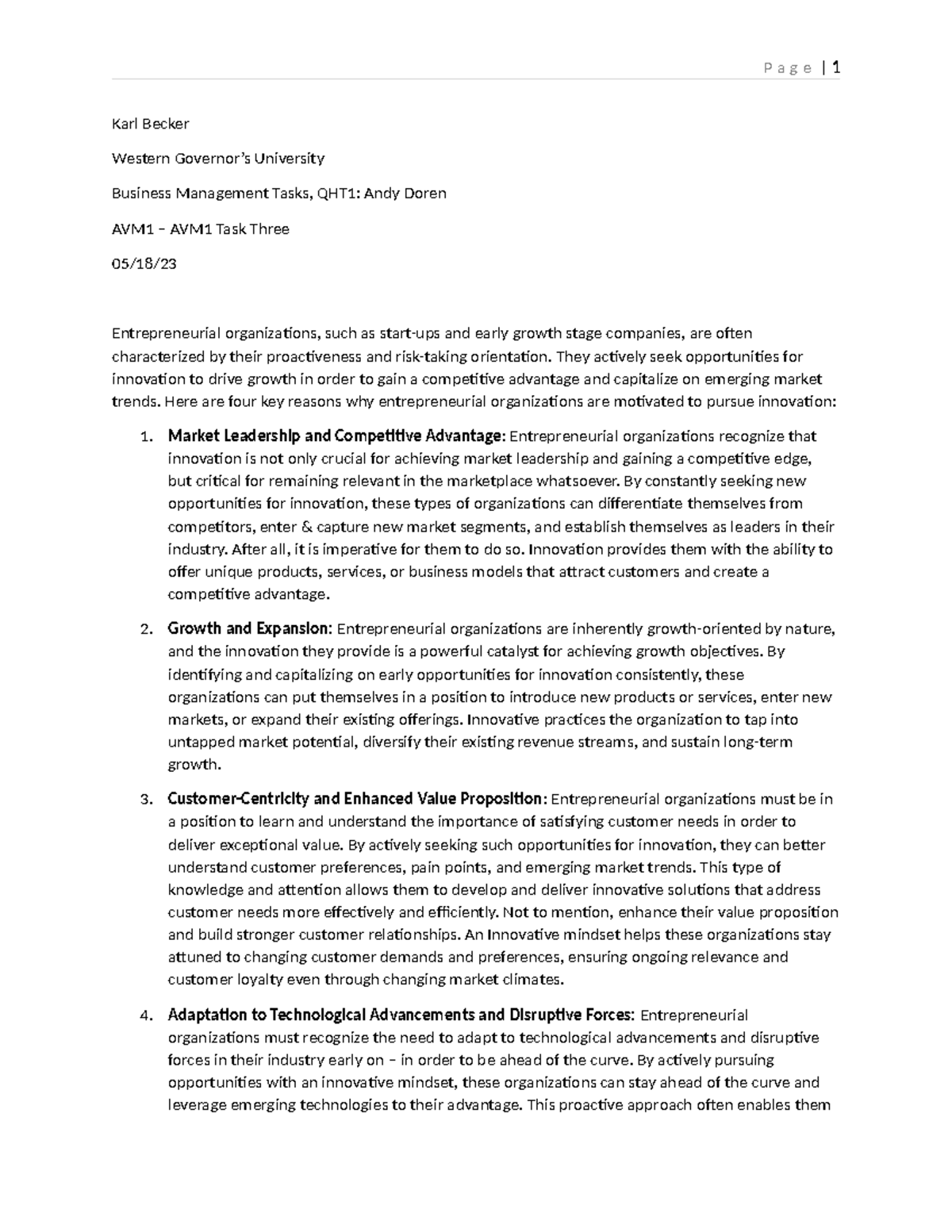 Business Management Tasks 3 - P a g e | 1 Karl Becker Western Governor ...