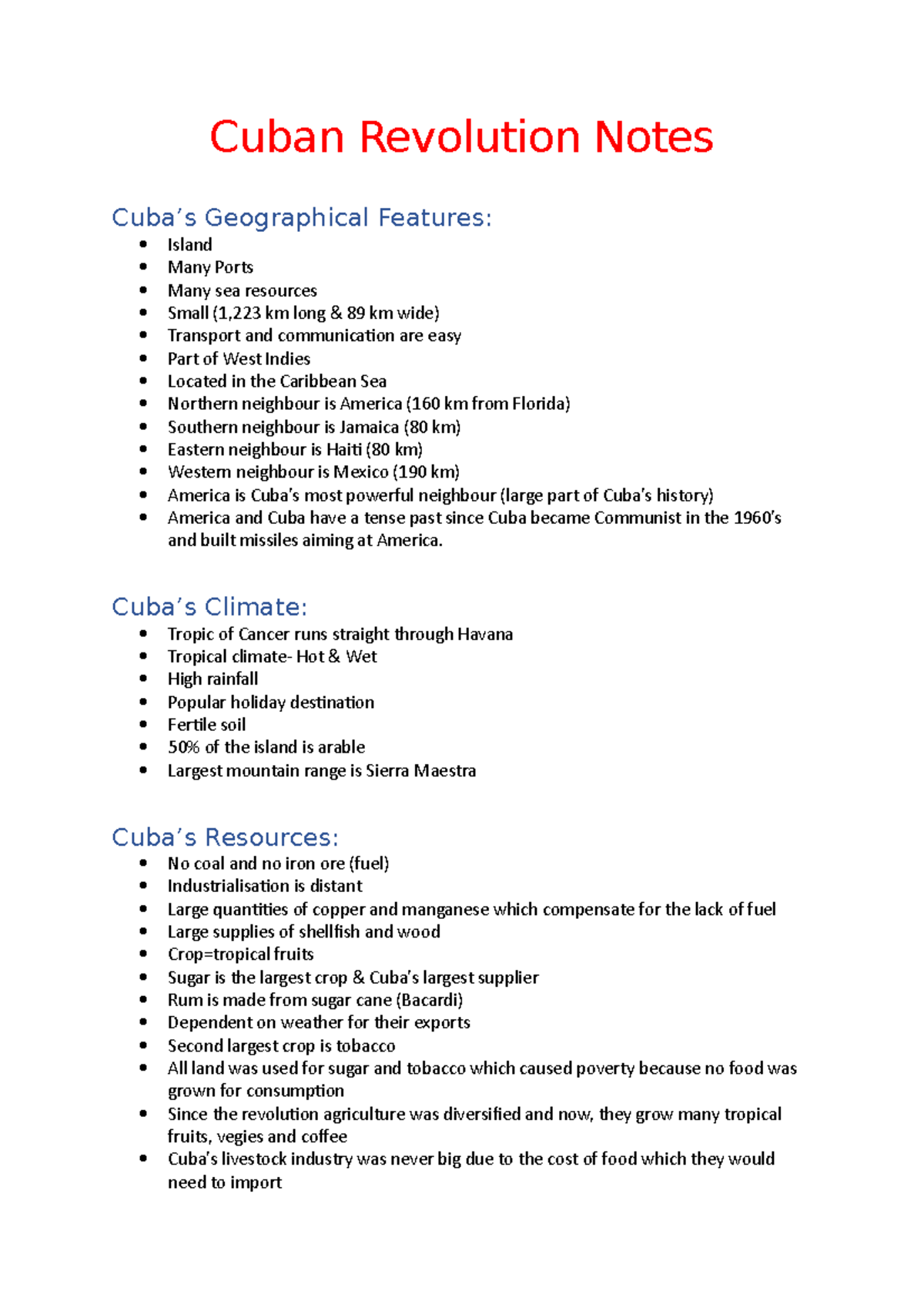 Cuban Revolution Notes - Cuban Revolution Notes Cuba’s Geographical ...