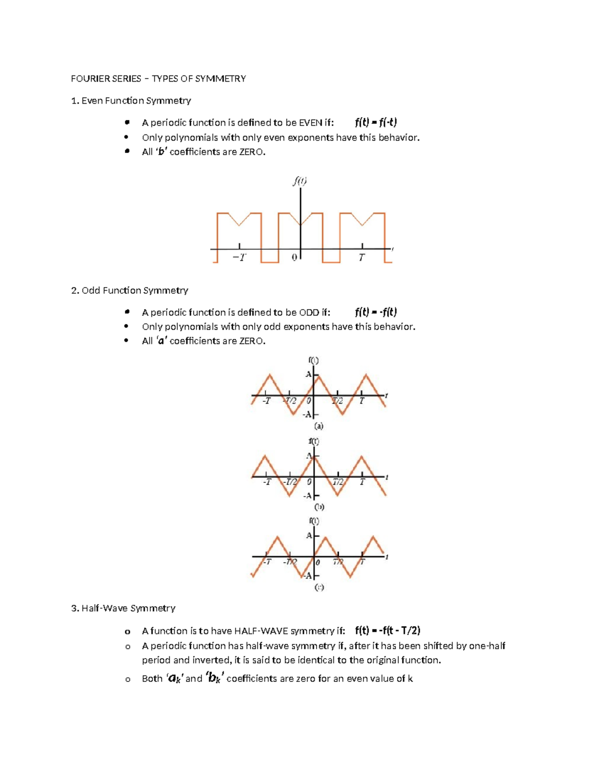 Fourier Series SUMMARY - FOURIER SERIES – TYPES OF SYMMETRY Even ...