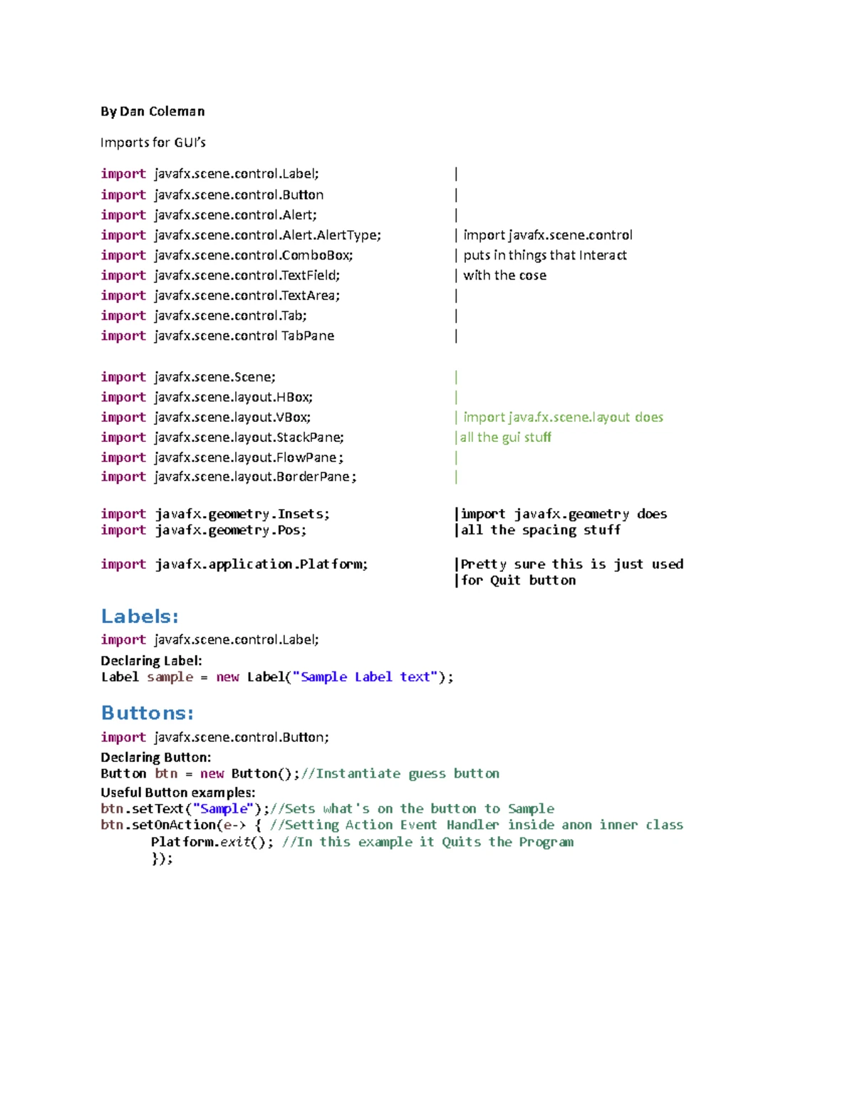 Java FX Cheat Sheet - Dan Coleman Imports for import import import ...