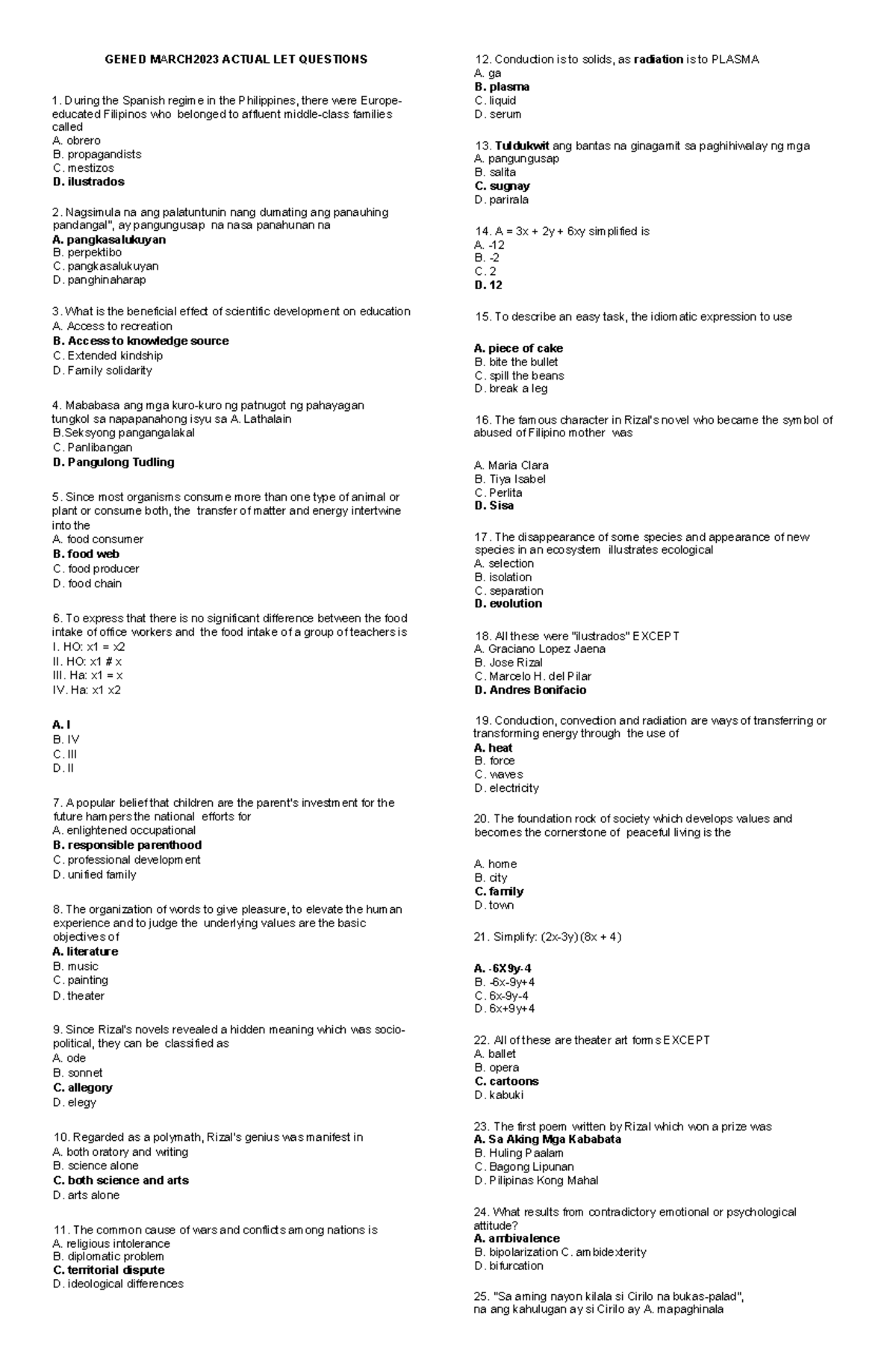 GEN ED Reviewer - GENED MARCH2023 ACTUAL LET QUESTIONS During the ...
