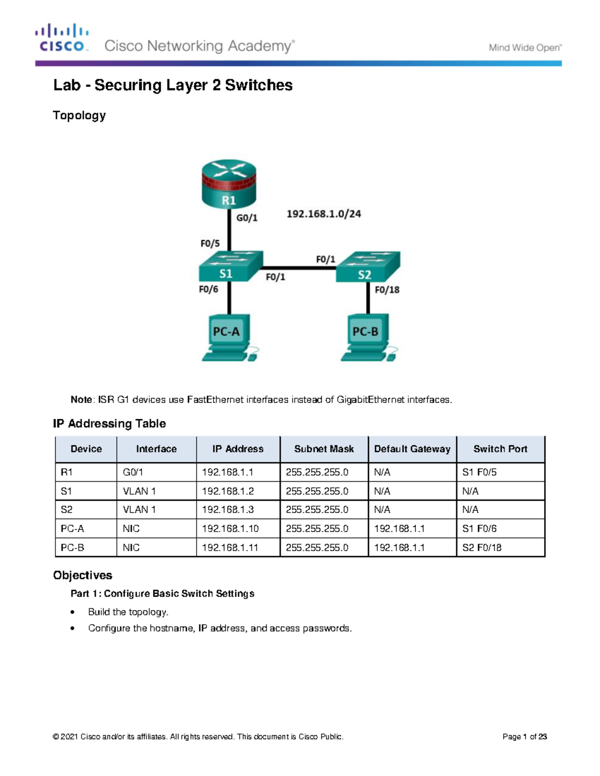 Securing Layer 2 Switches Lab Lab Securing Layer 2 Switches