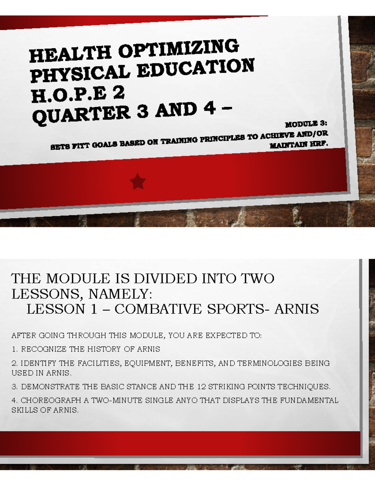 Health Optimizing Physical Education H.O - THE MODULE IS DIVIDED INTO TWO LESSONS, NAMELY ...
