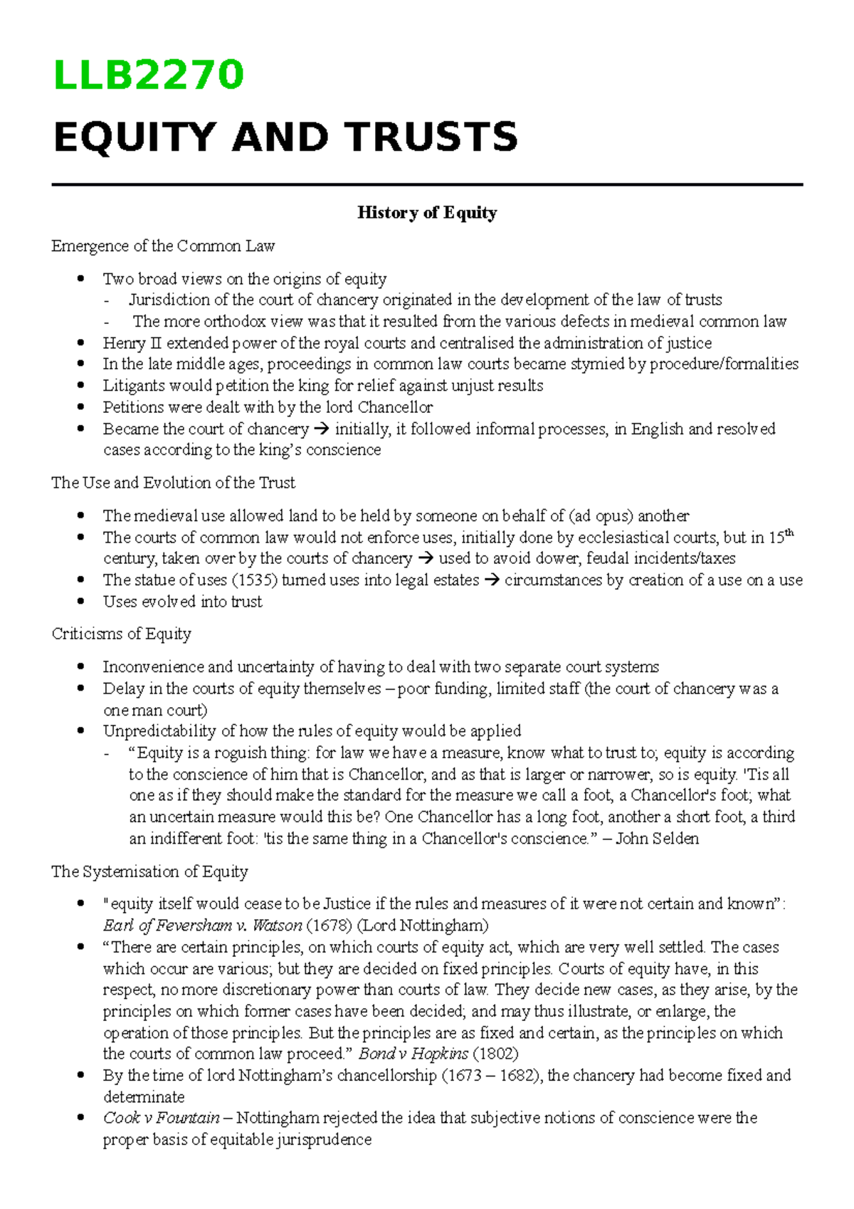 Notes (Wk1-Wk5) - LLB EQUITY AND TRUSTS History of Equity Emergence of ...