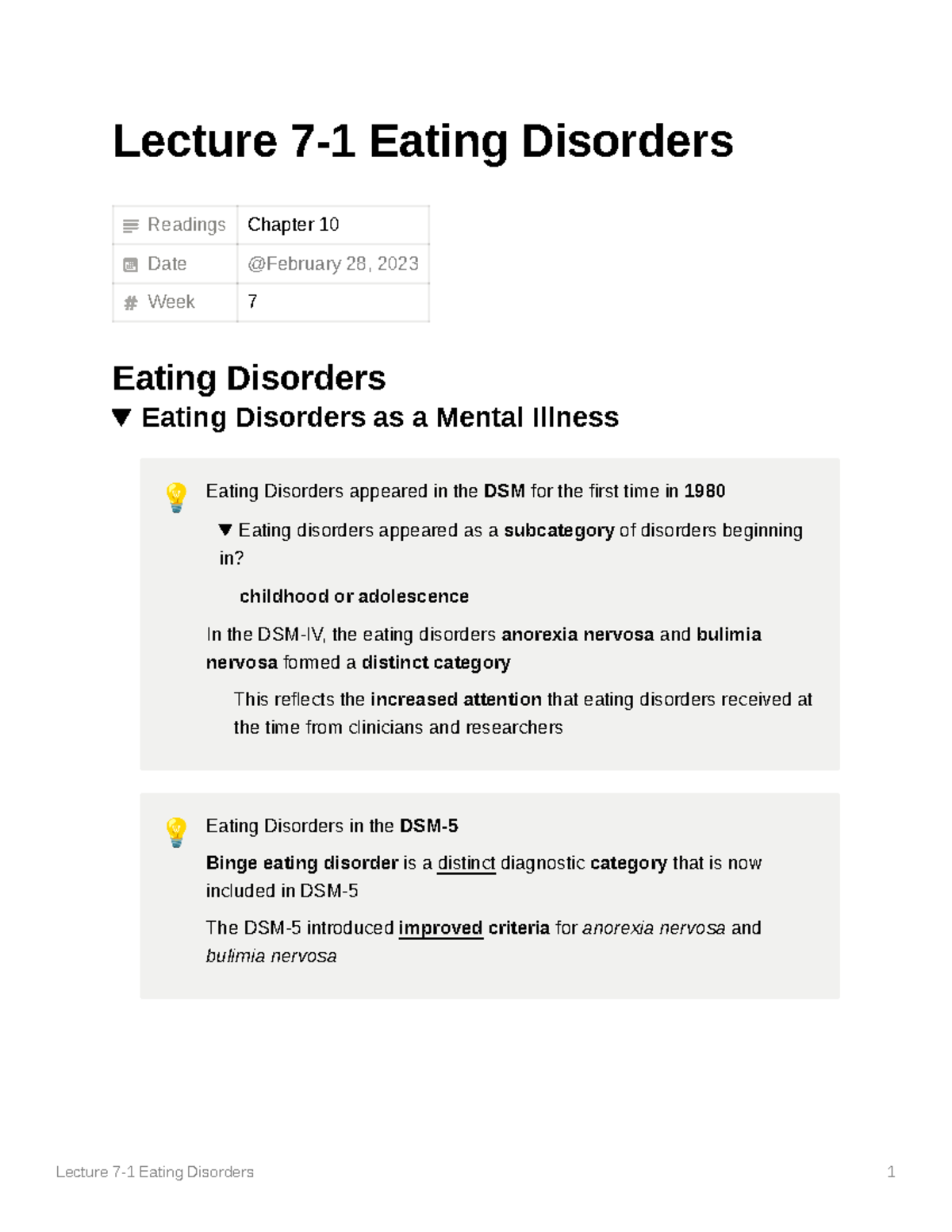 Eating Disorders Notion Notes - Lecture 7-1 Eating Disorders Readings ...