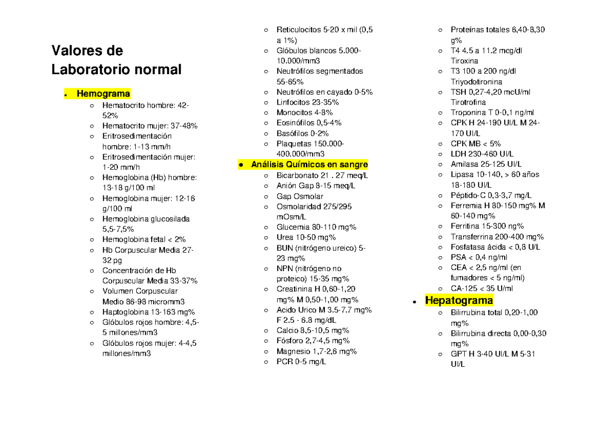 Valores Normales Laboratorio - Valores de Laboratorio normal Hemograma ...