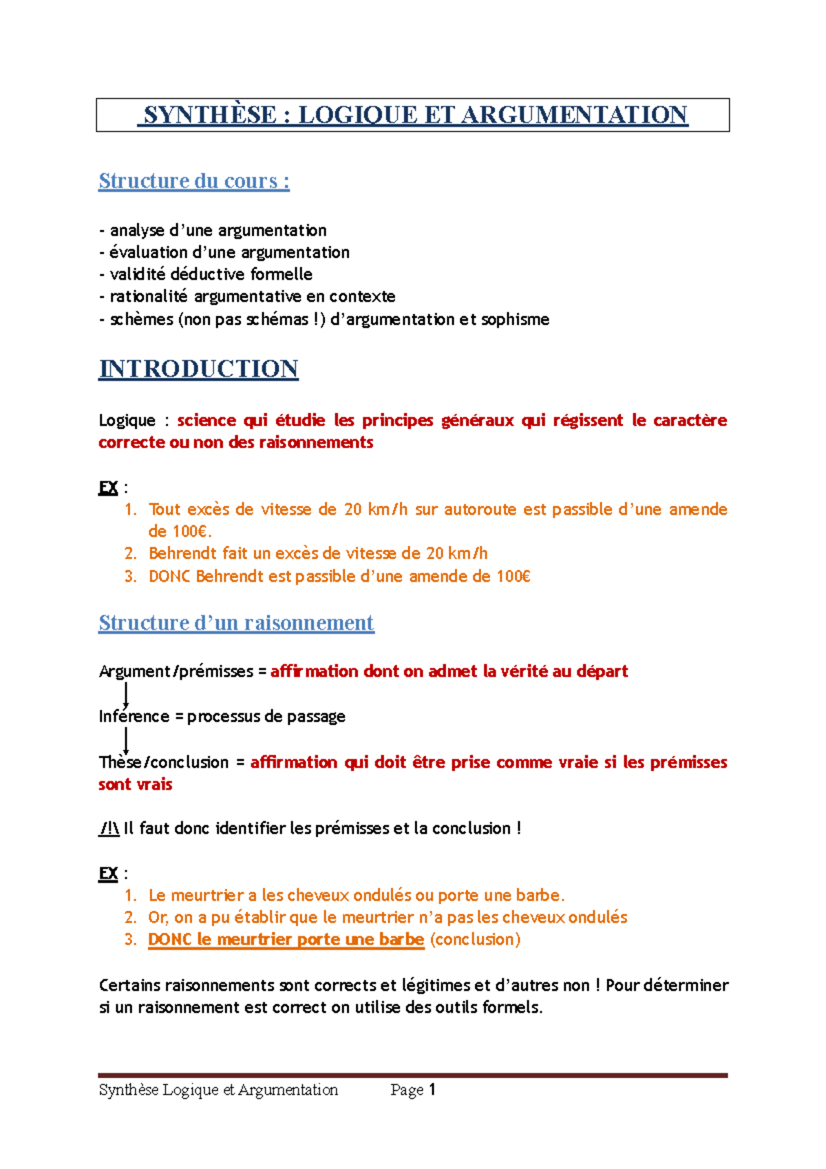 Logique:Argumentation - Synthèse - SYNTHÈSE : LOGIQUE ET ARGUMENTATION Structure du cours ...