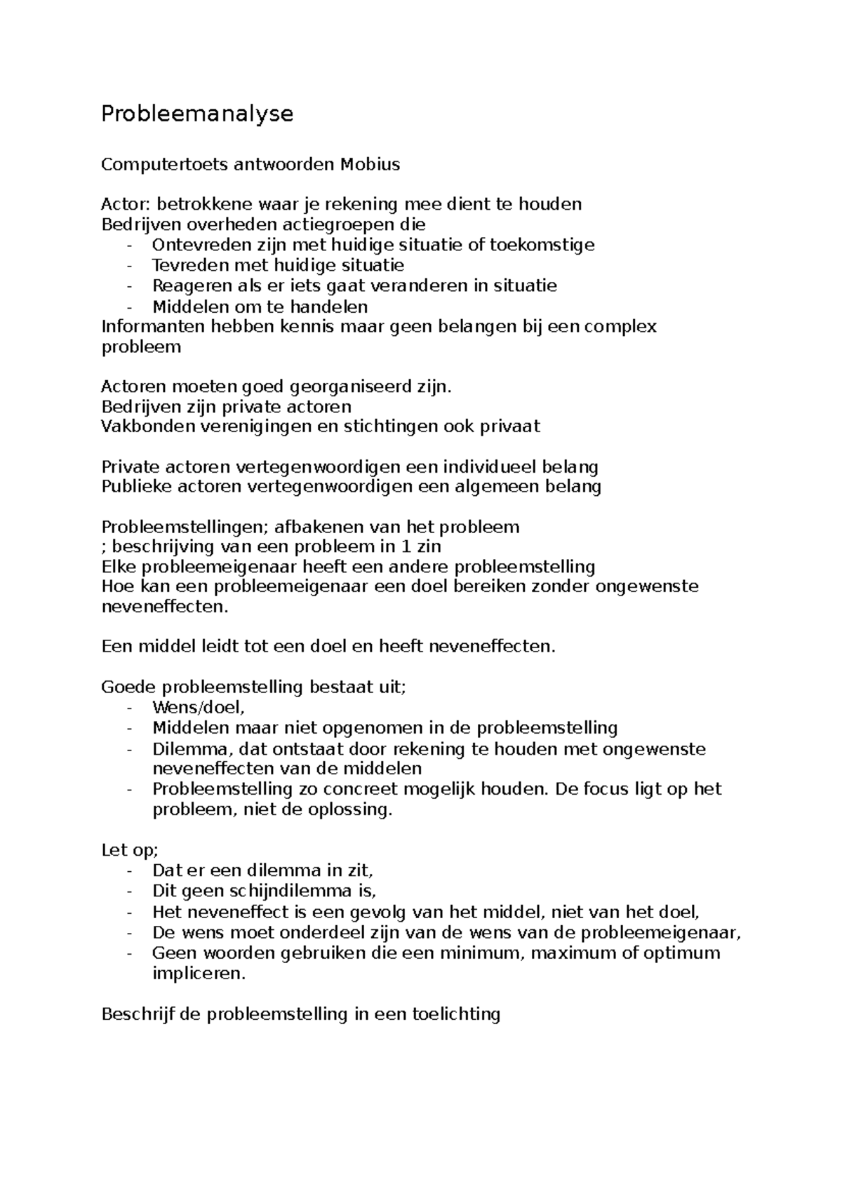 Probleemanalyse - Probleemanalyse Computertoets antwoorden Mobius Actor ...