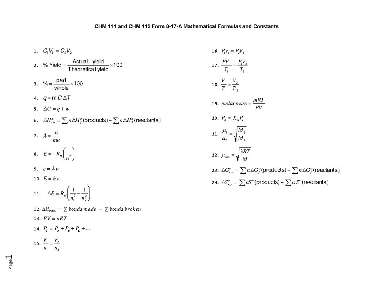 CHM 111 and 112 Formula sheet ELI (Last Edited by KAB 7 9 18 - 1 CHM ...
