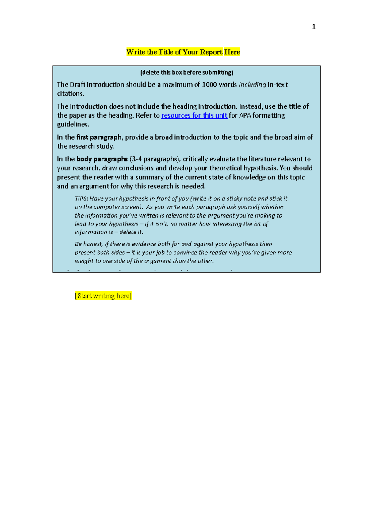 Draft Introduction Template - Copy - 1 Write the Title of Your Report ...