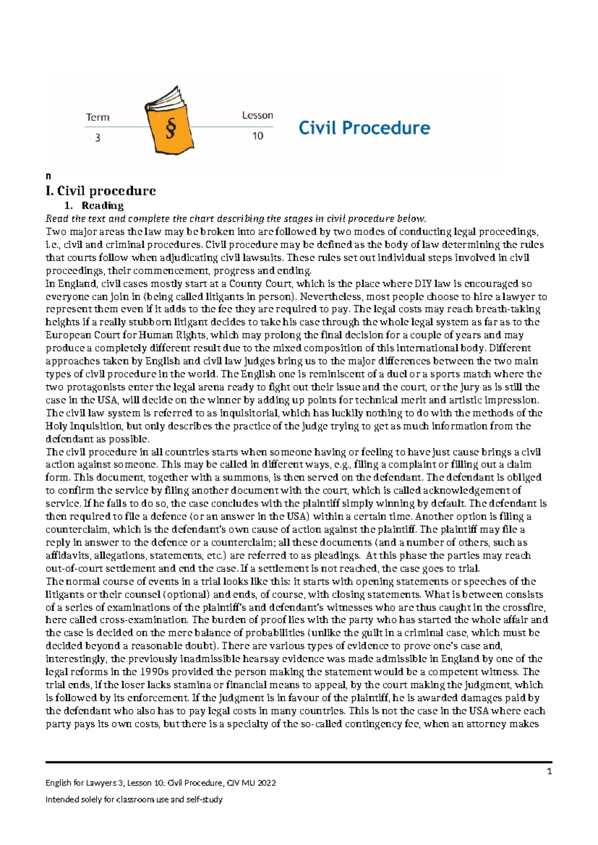 Lesson 10 Civil Procedure - n I. Civil procedure Reading Read the text ...