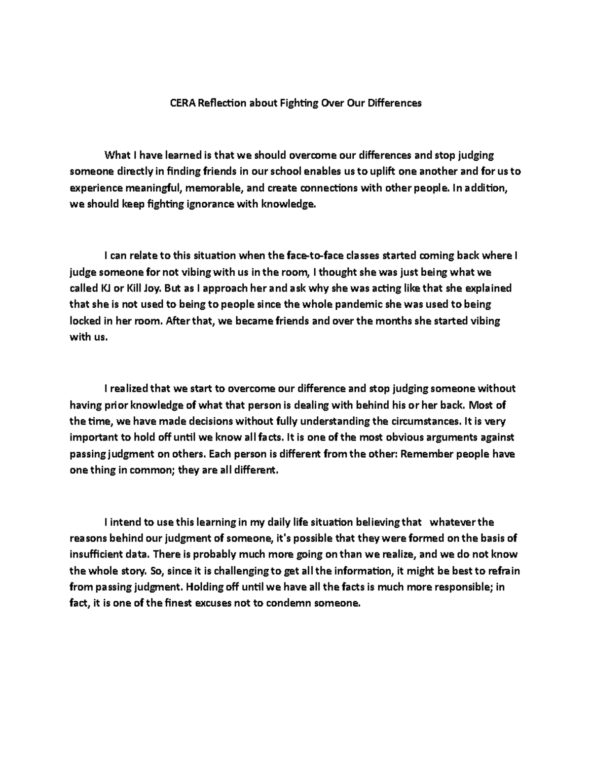 Notable Statement Reflection - CERA Reflection about Fighting Over Our ...