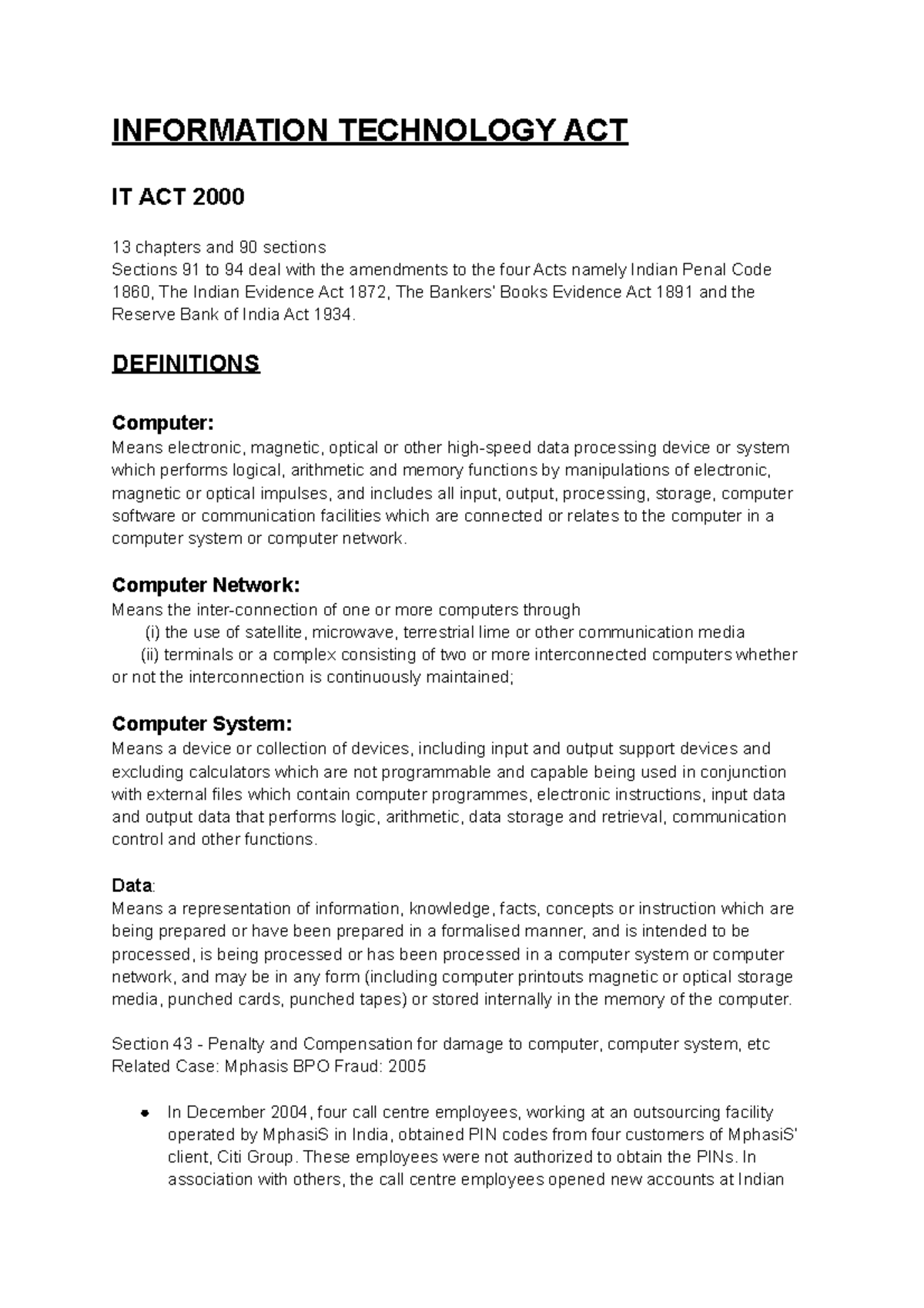 Information Technology ACT - INFORMATION TECHNOLOGY ACT IT ACT 2000 13 ...
