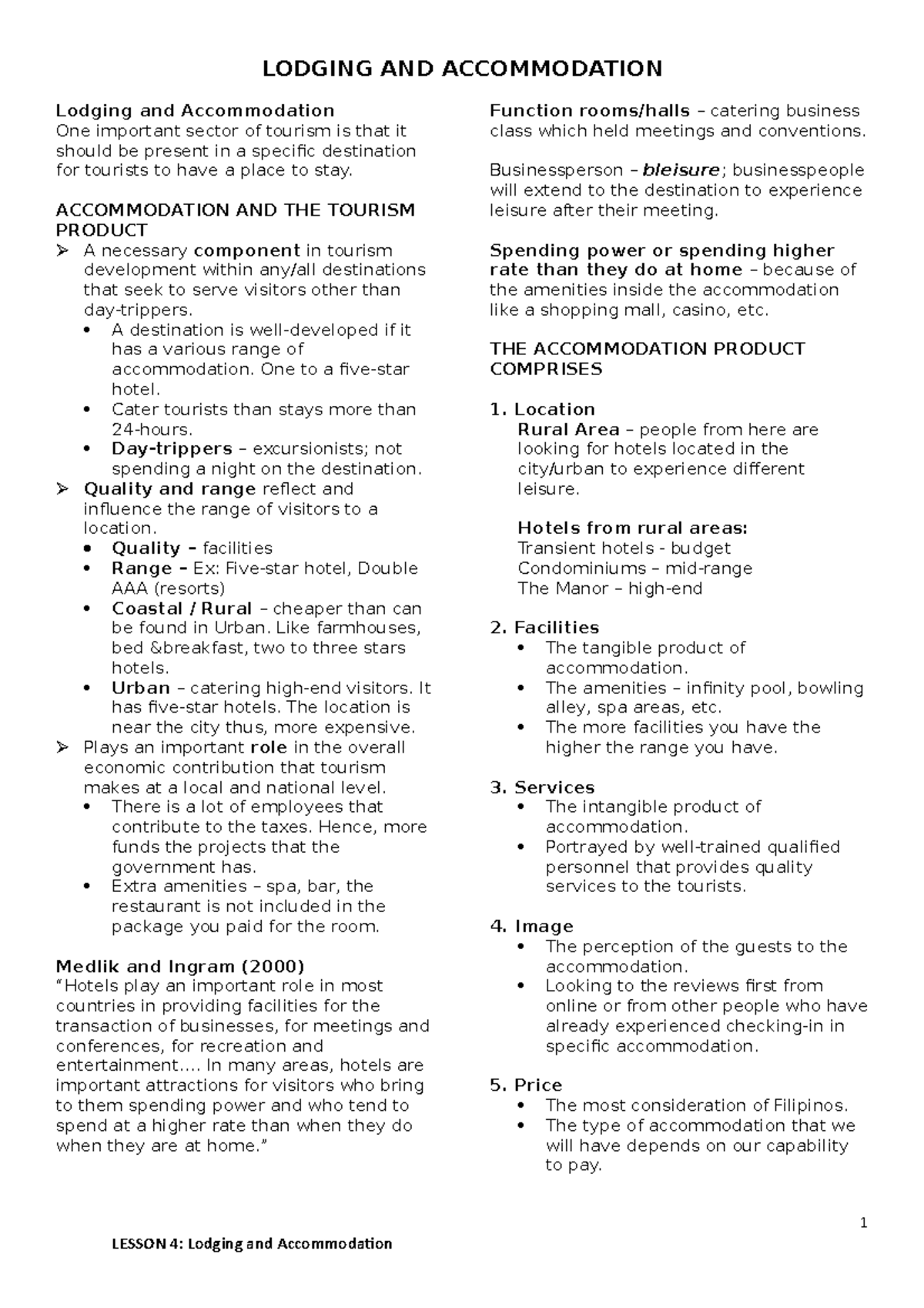 Lodging and Accommodation - BS International Travel and Tourism ...