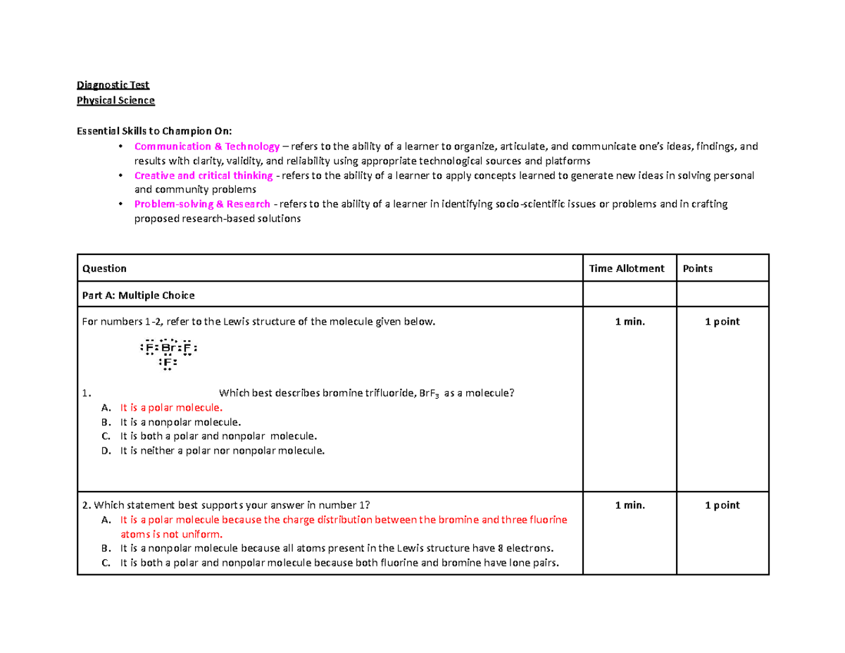 Physical Science test questionnaire for senior high students ...